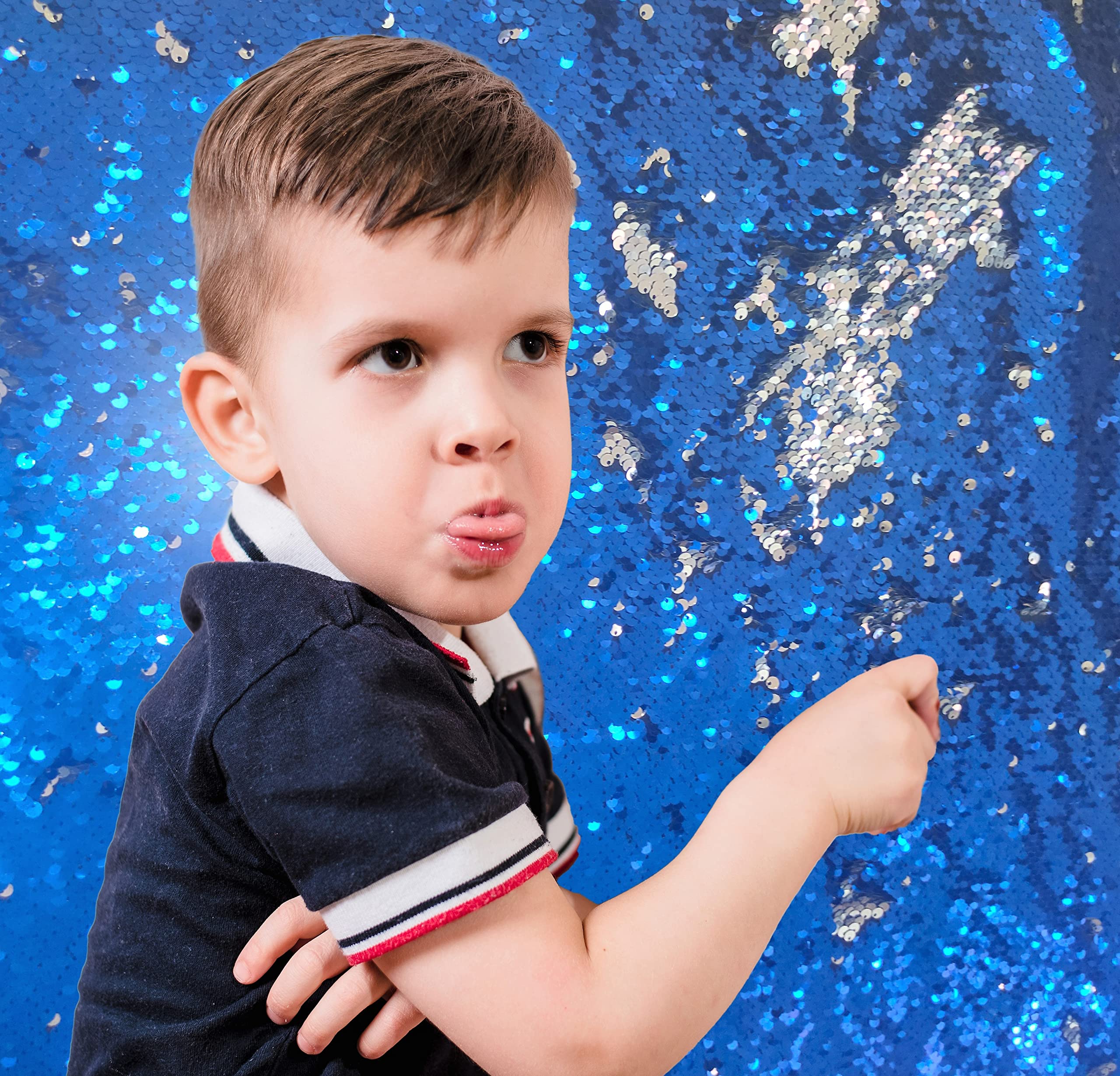 Sensory Wall Sequin Flip Fabric for Kids,0.2" Large Sequins Sensory Graffiti Fabric for Toddlers,Tactile Stimulation,Reversible Glitter Fabric (1 yd, Sapphire Blue + Silver)