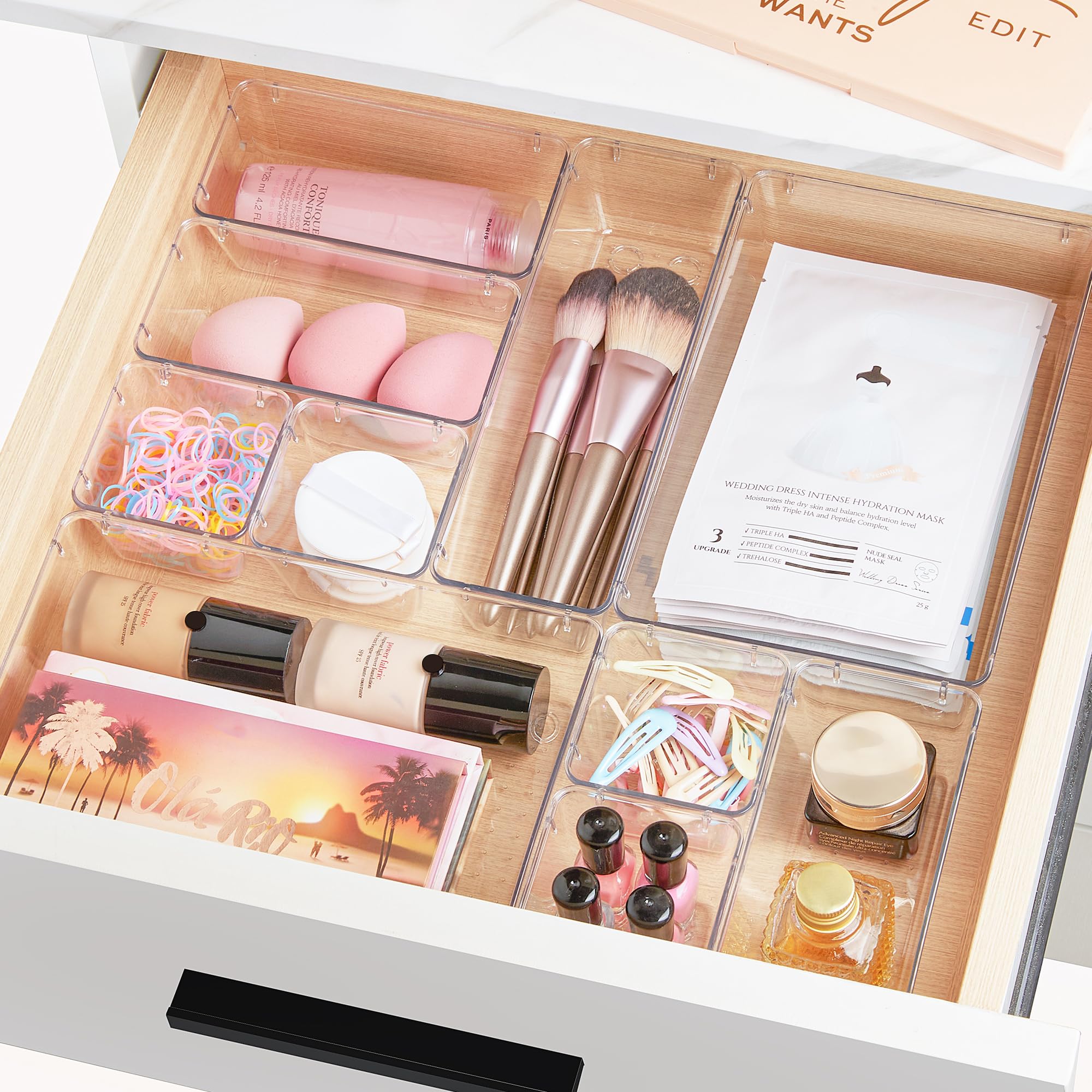 Vtopmart 66 PCS Clear Plastic Drawer Organizers Bins, 4-Size Versatile Bathroom and Vanity Organizer Trays, Non-Slip Storage Containers for Makeup, Jewelries, Bedroom,Kitchen Utensils and Office
