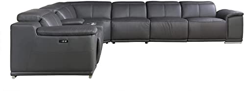 Blackjack Furniture Venice 7 Piece Italian Leather Sectional Sofa with 3-Power Recliners, Adjustable Headrest, Lumbar Support, USB and Wireless Charging Station, Extra Large Storage, 1 Console, Gray