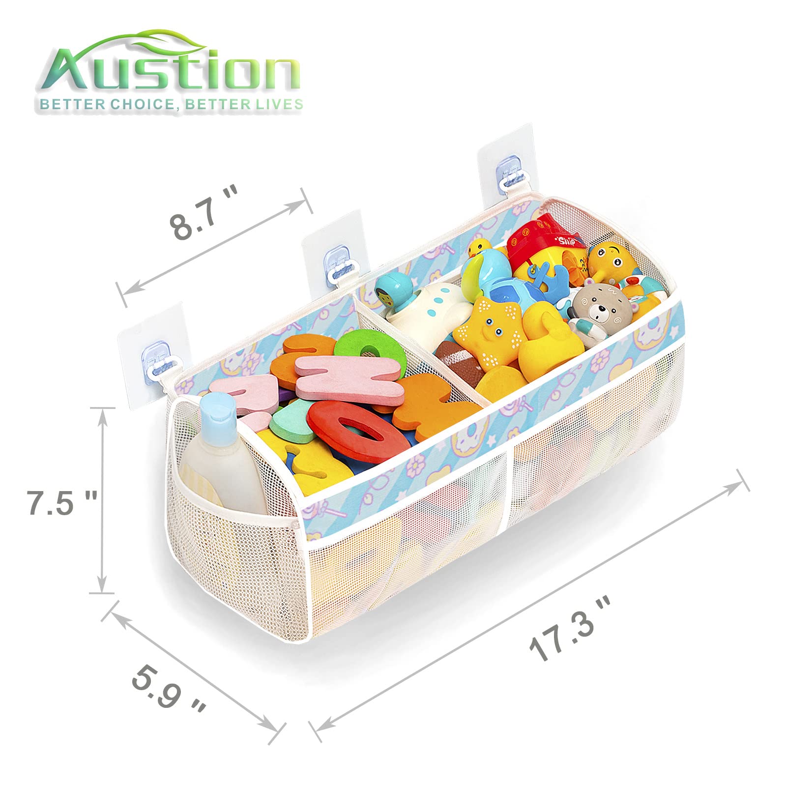 Austion Mesh Bath Toy Storage for Tub - Sorting Baby Toys Bath Tub Toy Holder - Extra Large Capacity Bath Toy Organizer with Large Openings, Quick-Drying and Breathable (Blue)