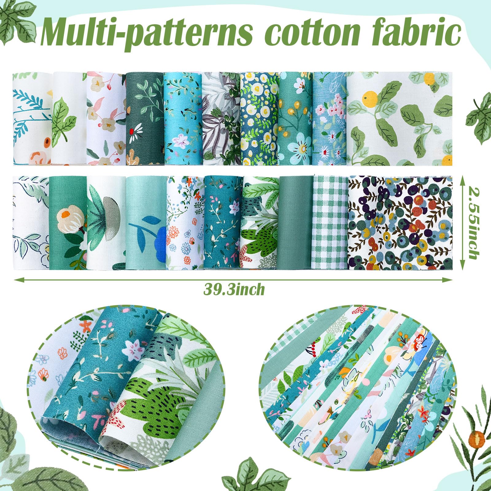 Kingdder 70 Pcs Floral Cotton Fabric Patchwork Roll 2.55 x 39.4 Inch Cotton Quilting Fabric Roll up Cotton Fabric Quilting Strips Precut Patchwork Roll for Craft Sewing DIY Crafts(Green Flower)