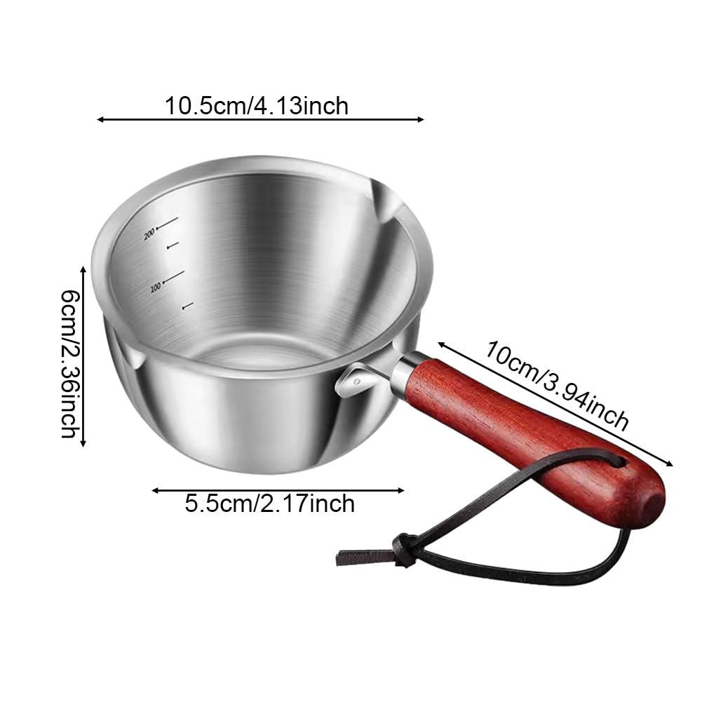 Butter Warmer Pot,Inside with clear scale Small Saucepan with Heat Resistand Wooden Handle and Dual Pour Spout Stainless Steel Small Milk Saucepan(size:300ml)