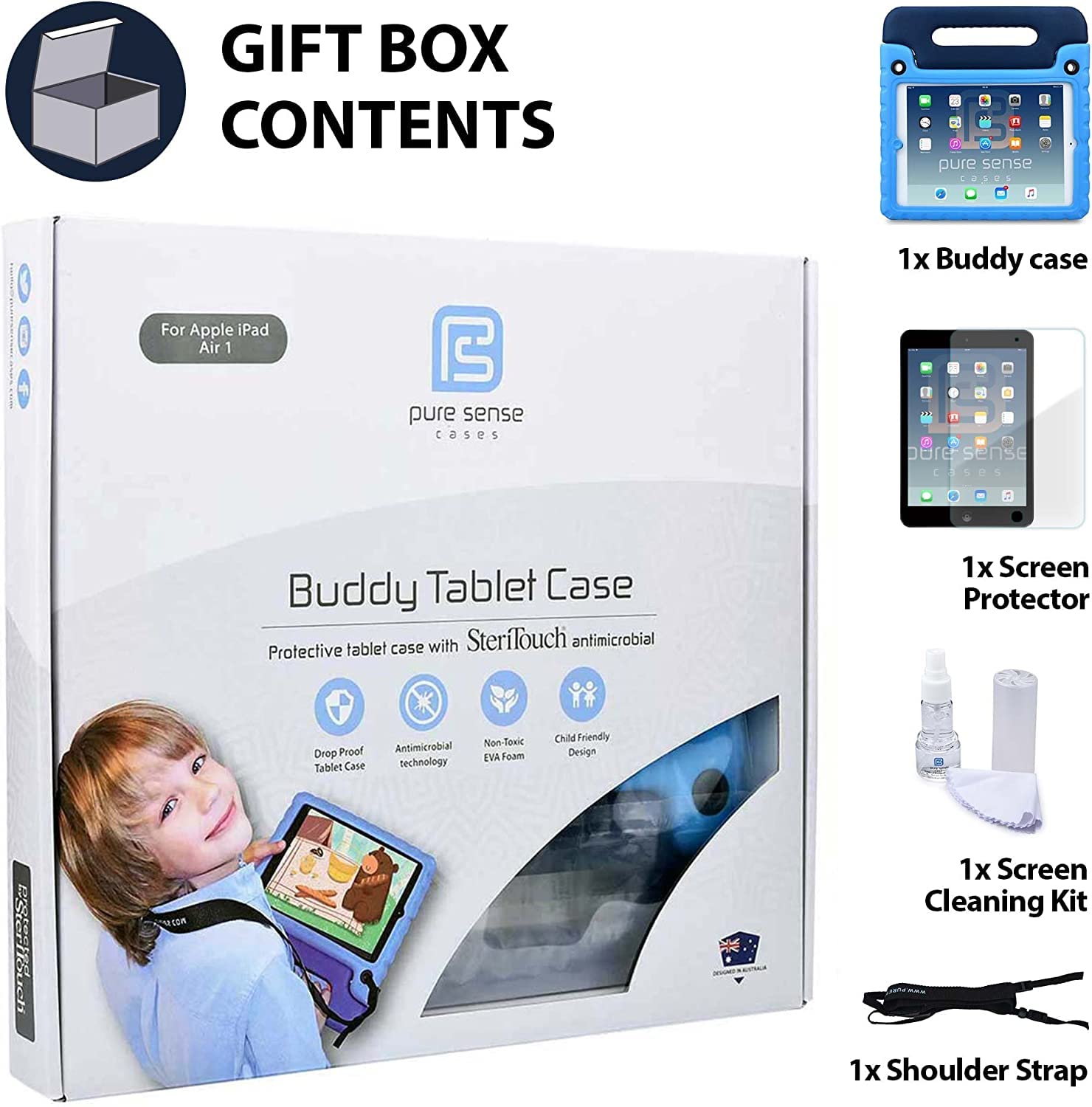 Pure Sense Buddy Antimicrobial Kids Case for iPad Pro 12.9-1st 2nd Gen 2015 2017 | Full Kit: Rugged Case Stand, Handle, Screen Protector, Strap and Spray