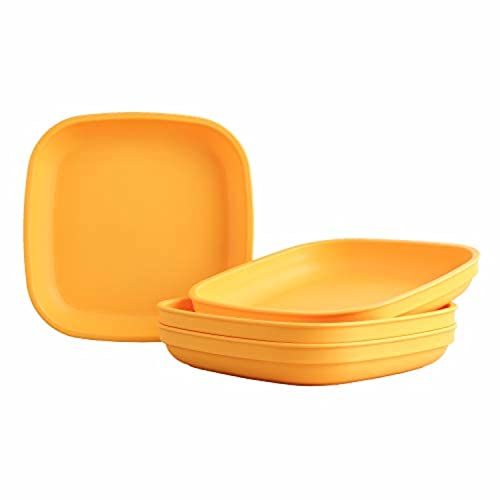 Re-Play Made in USA 7" Toddler Plates, Set of 4-22 Oz. Deep-Walled and Stackable Plastic Plates, Dishwasher and Microwave Safe - 7.37" x 7.37" x 1.25" Kids Plates, Sunny Yellow