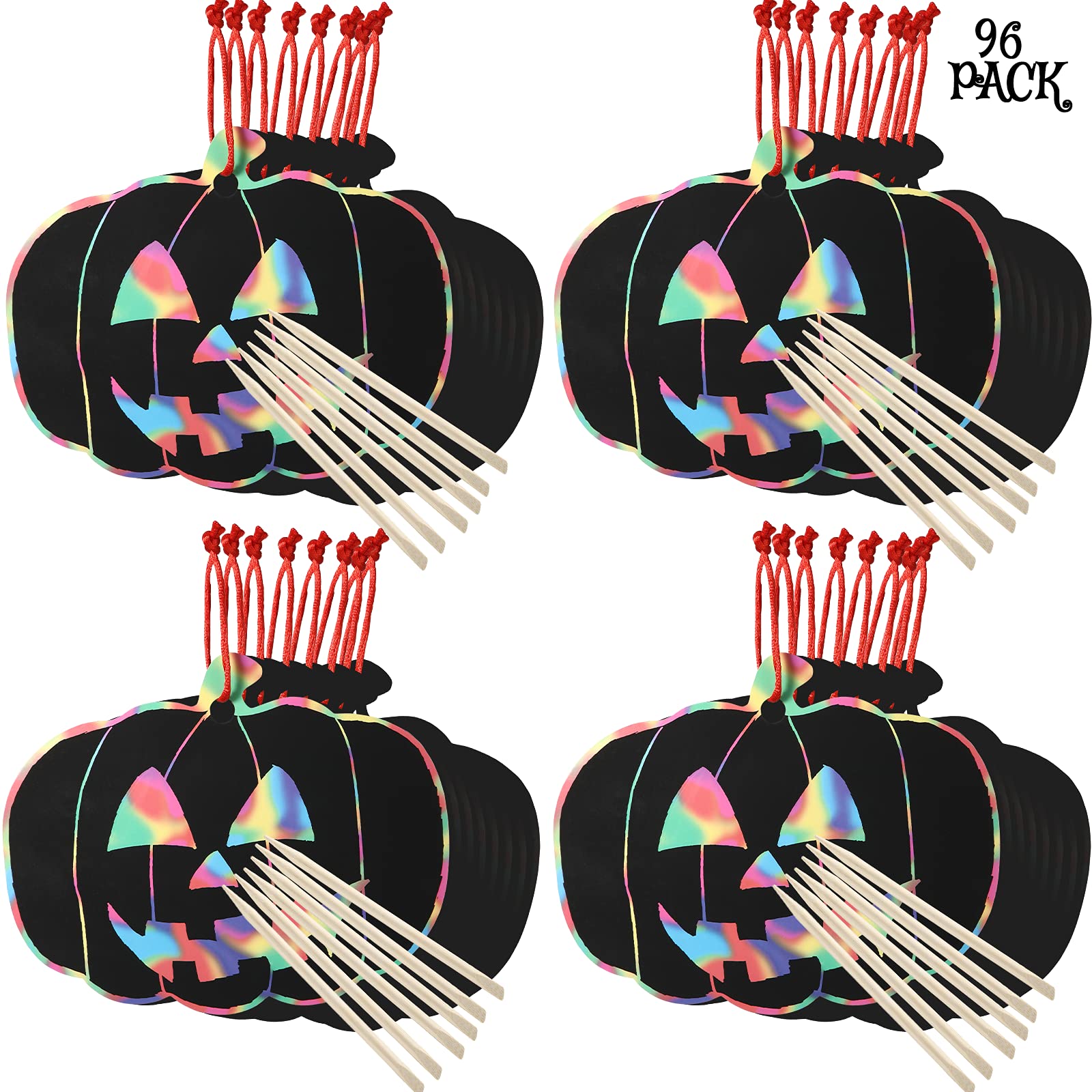 Outus 96 Pieces Halloween Scratch Paper, Halloween Pumpkins Crafts with Rainbow Colors, Halloween Pumpkins Art Paper Crafts Kit, Pumpkin Ornaments