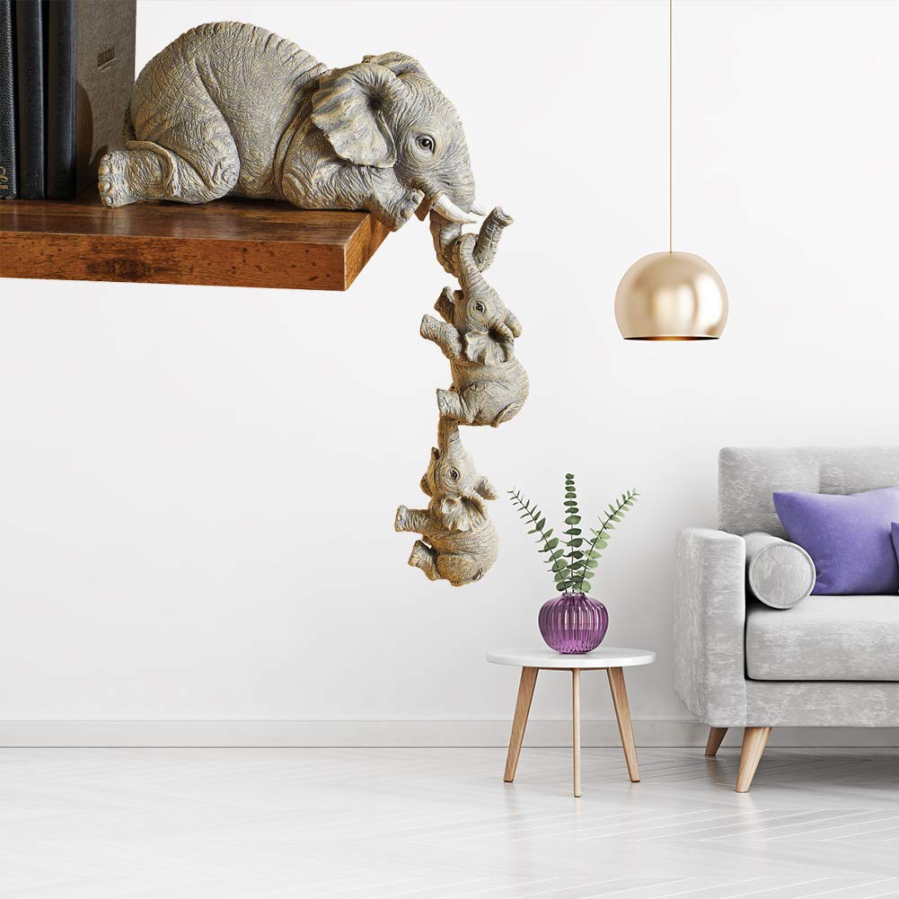 Elephant Sitter Resin Figurines, Elephant Mothers Hanging Two Babies Statue, Suitable for Home Decoration on Shelf or Table Edge, Collections Figurines Gifts for Mother's Day