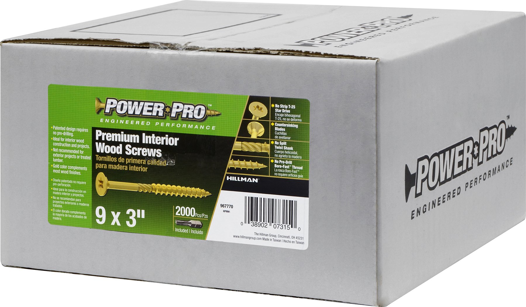 Power Pro 967770 Wood Screws, 9 x 3, Premium Star Drive Indoor Cabinet Screws, Gold Yellow Zinc, 1/4 Keg, 2000 pcs