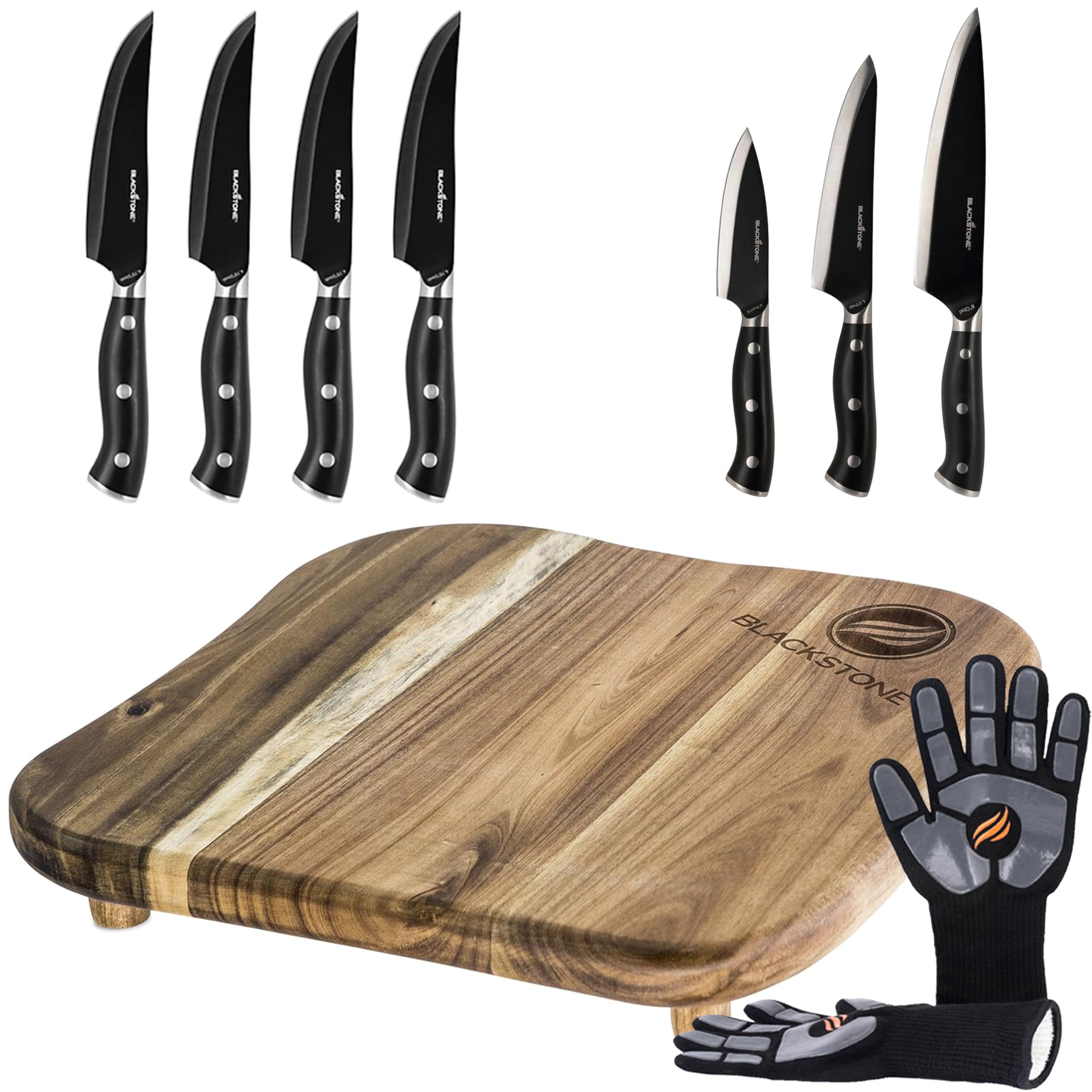 BLACKSTONE Knife Set Cutting Board, Accessories Kit, Includes 4 Piece Steak Knife Set, 3 Piece Knife Set, Griddle Cutting Board Reusable Gloves