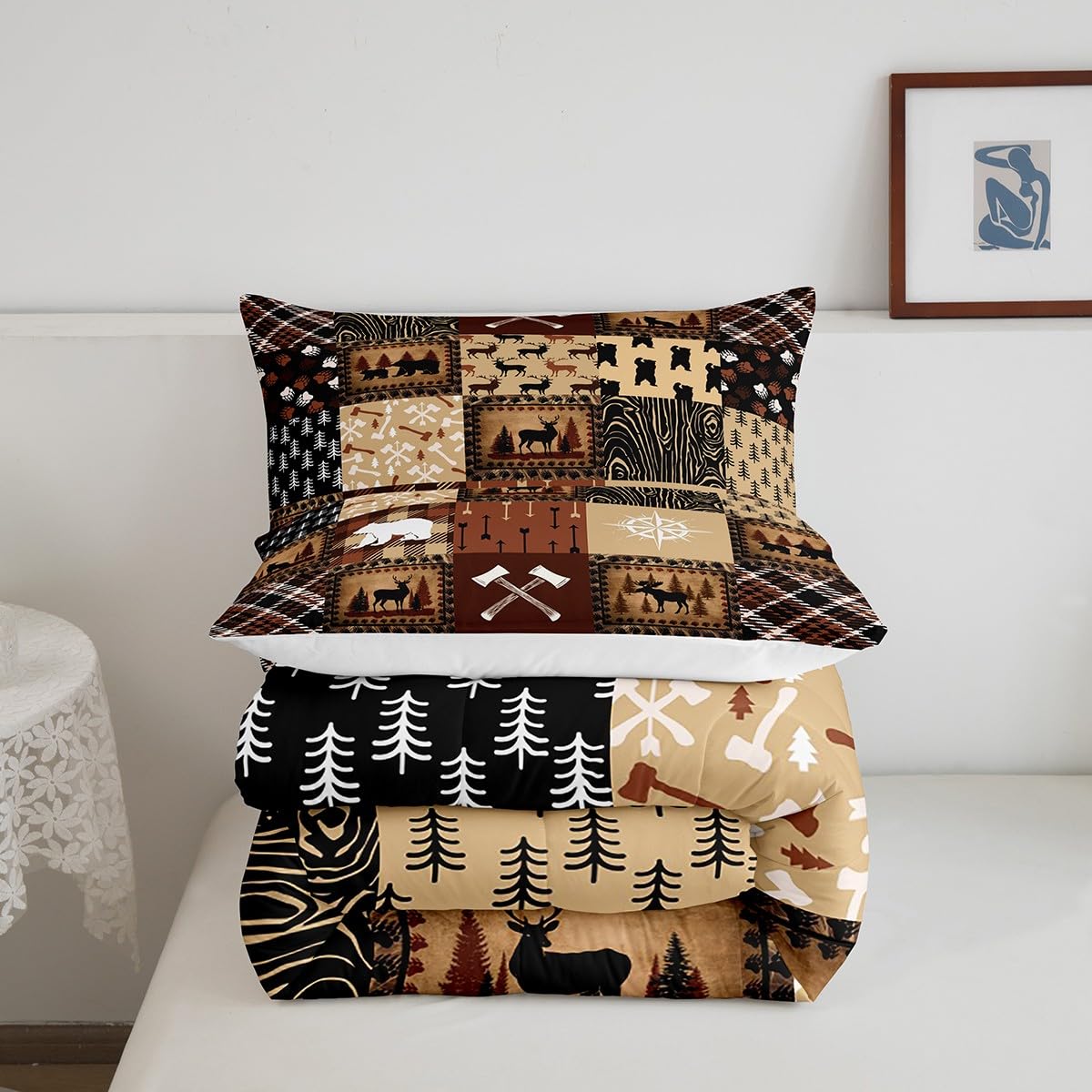 Bear Comforter Set Cute Elk Print Bedding Set for Teens Farmhouse Wild Animals Style Bedding Set Plaid Grid Geocmetric Brown Black Duvet Set Room Decor 2Pcs with 1 Pillow Case Twin Size