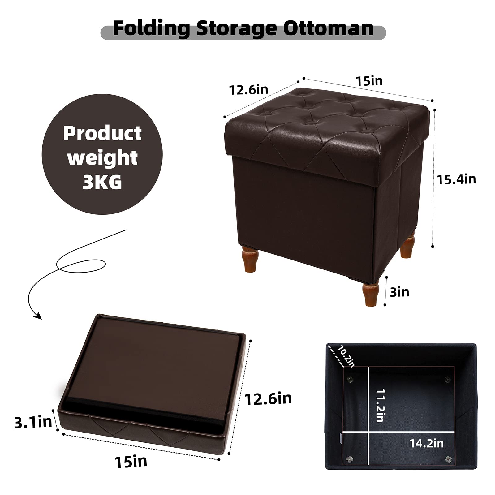 CAROLMADE Folding Storage Ottoman Cube PU Leather Footstool with Wood Legs Toy Storage for Living Room and Bedroom Brown, 15"x12.6"x15.4β