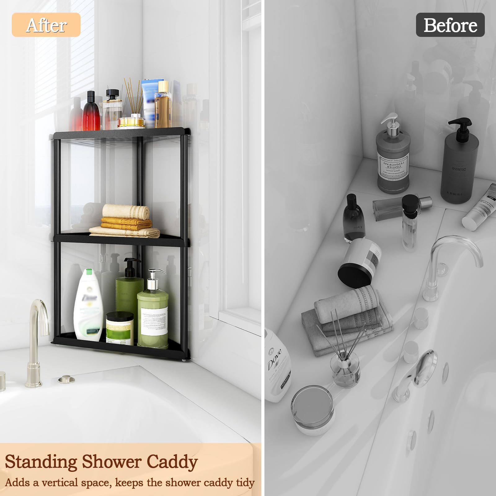 Bethom Corner Shower Caddy Standing, 3 Tier Shower Organizer Stand, Metal Corner Shower Shelf Rack for Inside Shower, Bathroom, Bathtub, Matte Black