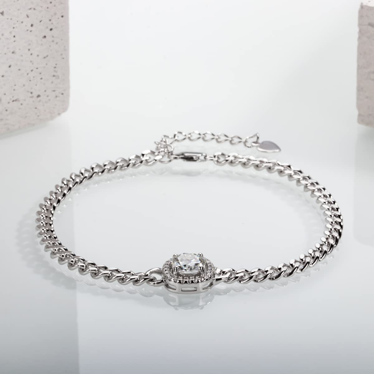 AnuClub Moissanite Cuban Bracelet,1ct D Color Lab Created Diamond 925 Sterling Silver Adjustable Bracelet, Christmas Gift for Women With GRA Certificate