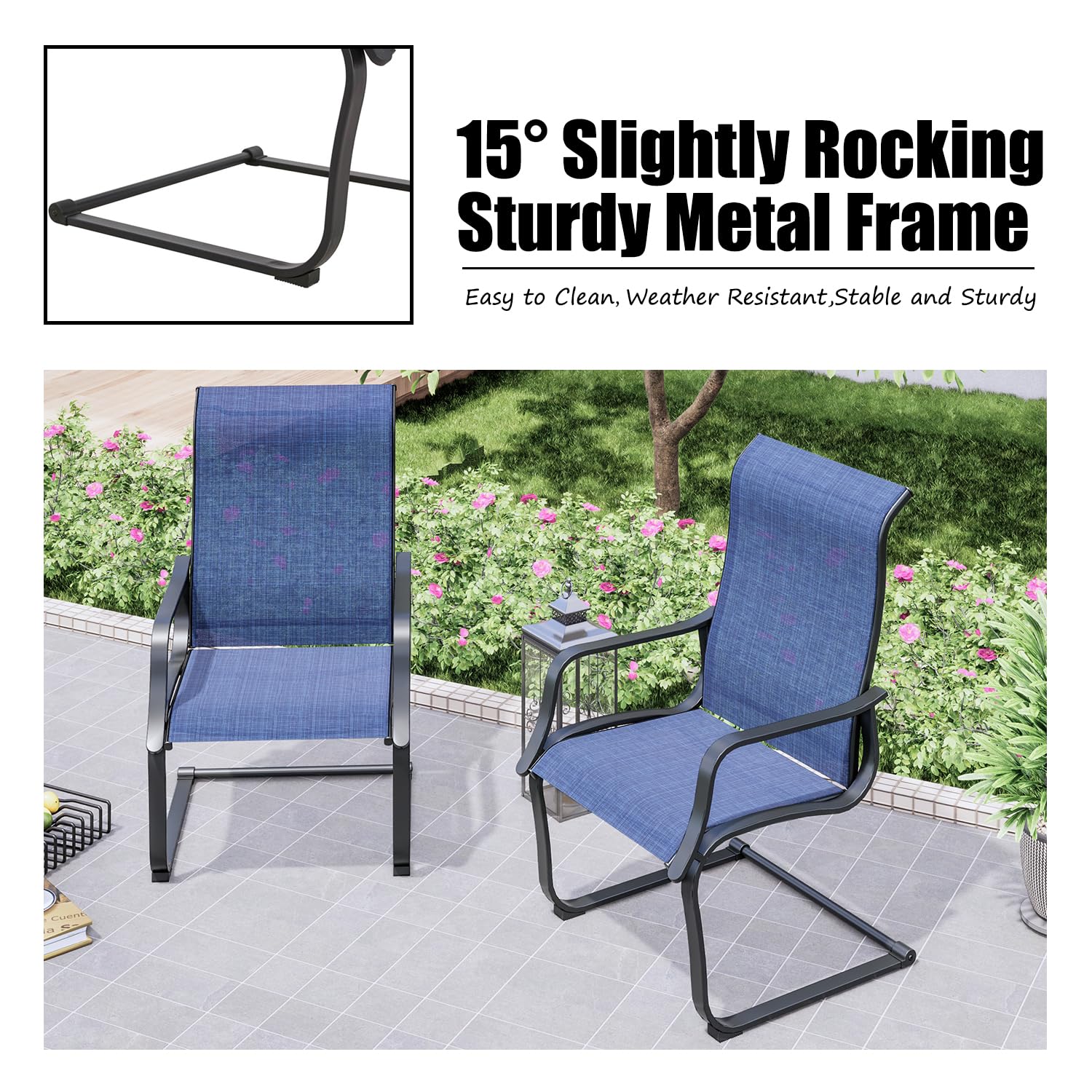 PatioFestival Outdoor C-Spring Dining Chairs Set of 4, Patio Sling High Back Springy Chairs,Textilene Fabric & Black Metal Frame(Blue)