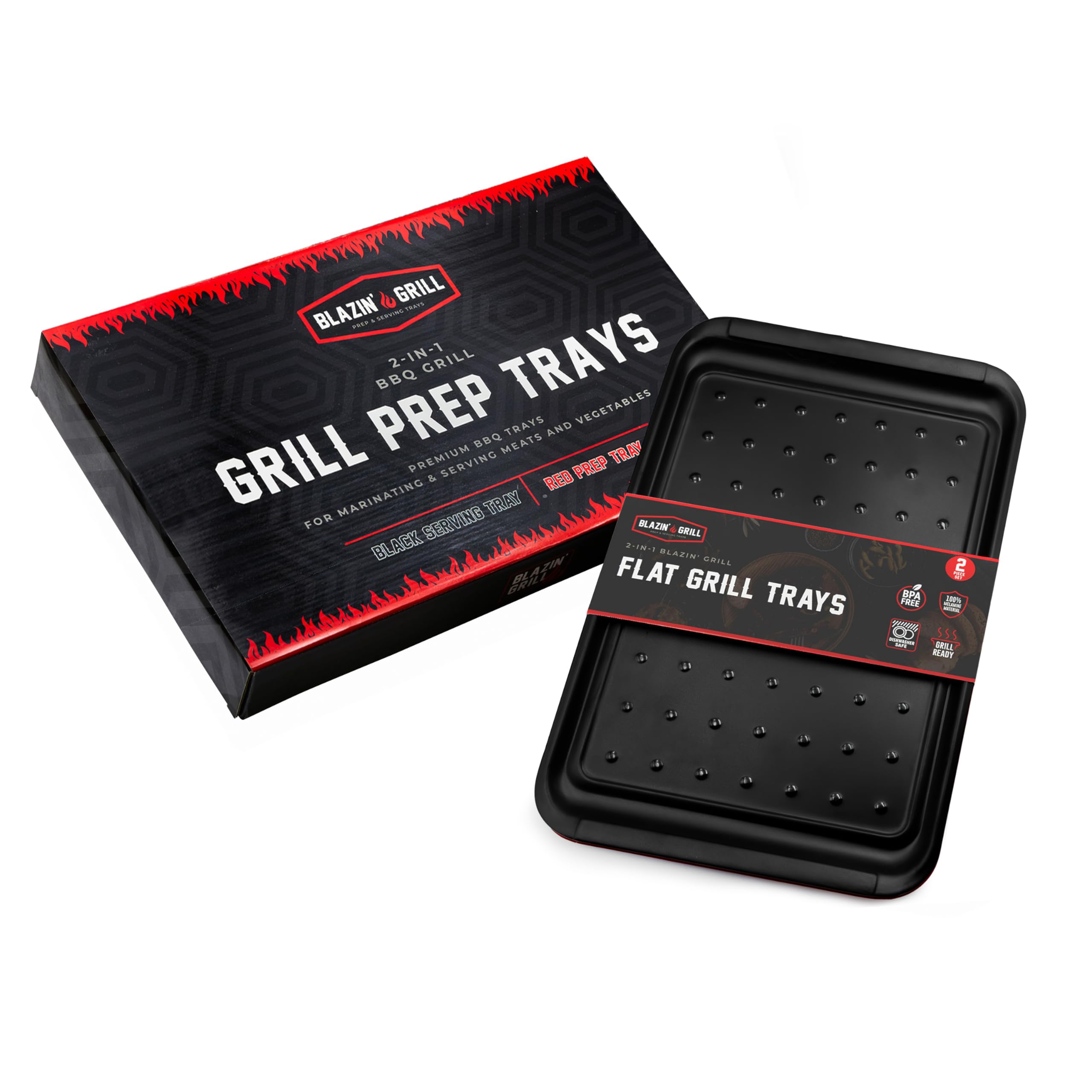 BLAZIN' GRILL Prep and Serve Trays | Set of 2 Stackable, Melamine Trays | Serving Tray & Marinating Tray | Serving Platter for Plating Food & BBQ Prep Tub for Marinating Meats | Grill Accessories |