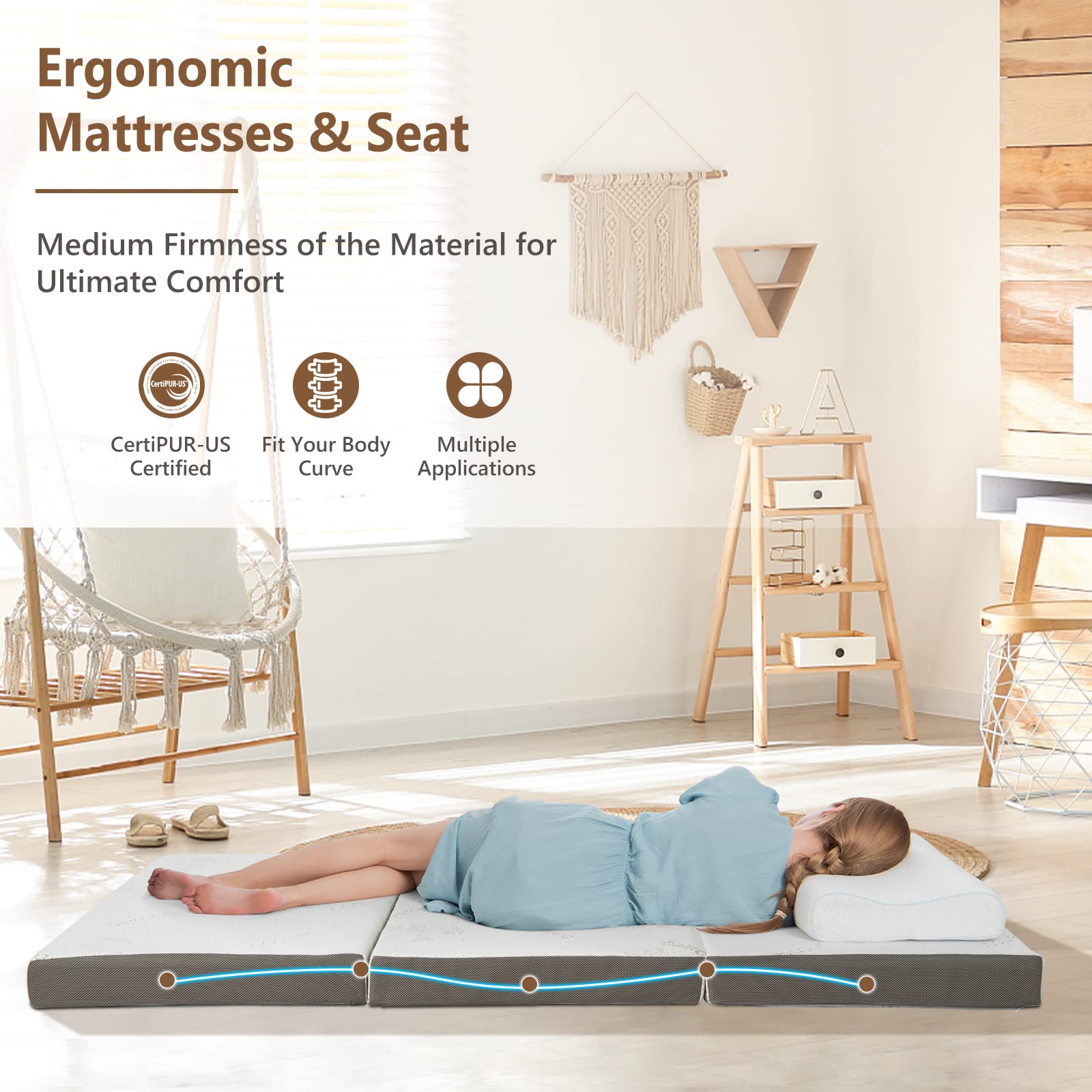 GOFLAME Memory Foam Tri-Fold Mattress, 4β Foldable Floor Mattress with Storage Bag & Removable Cover, Cool Gel Memory Mattress with Bamboo Fabric for Guest Room, Living Room, RV, Camp (Full)