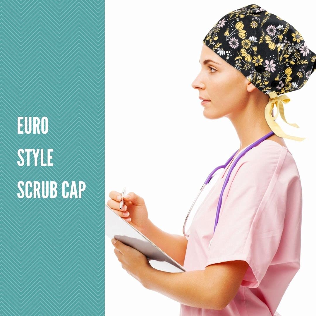First Lifesaver Working Cap with Buttons and Ribbon Tie for Women, Long Hair (Euro Midnight Flowers)