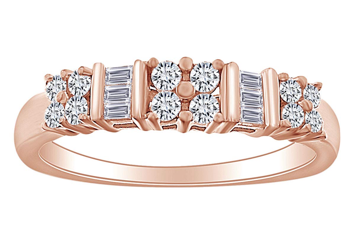AFFY 1/4 Carat CT Baguette/Round White Natural Diamond Set Engagement Wedding Band Ring For Womens In 14k Solid Rose Gold (I-J Color, I2-I3 Clarity, 0.25 Cttw) Ring Size-6