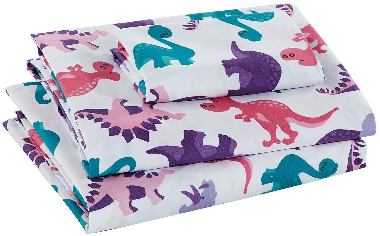 Better Home Style Multicolor Pink Blue Purple Dinosaurs Design for Girls/Kids/Teens 3 Piece Sheet Set with Pillowcase Flat and Fitted Sheets # Dinosaur Land Pink (Twin)