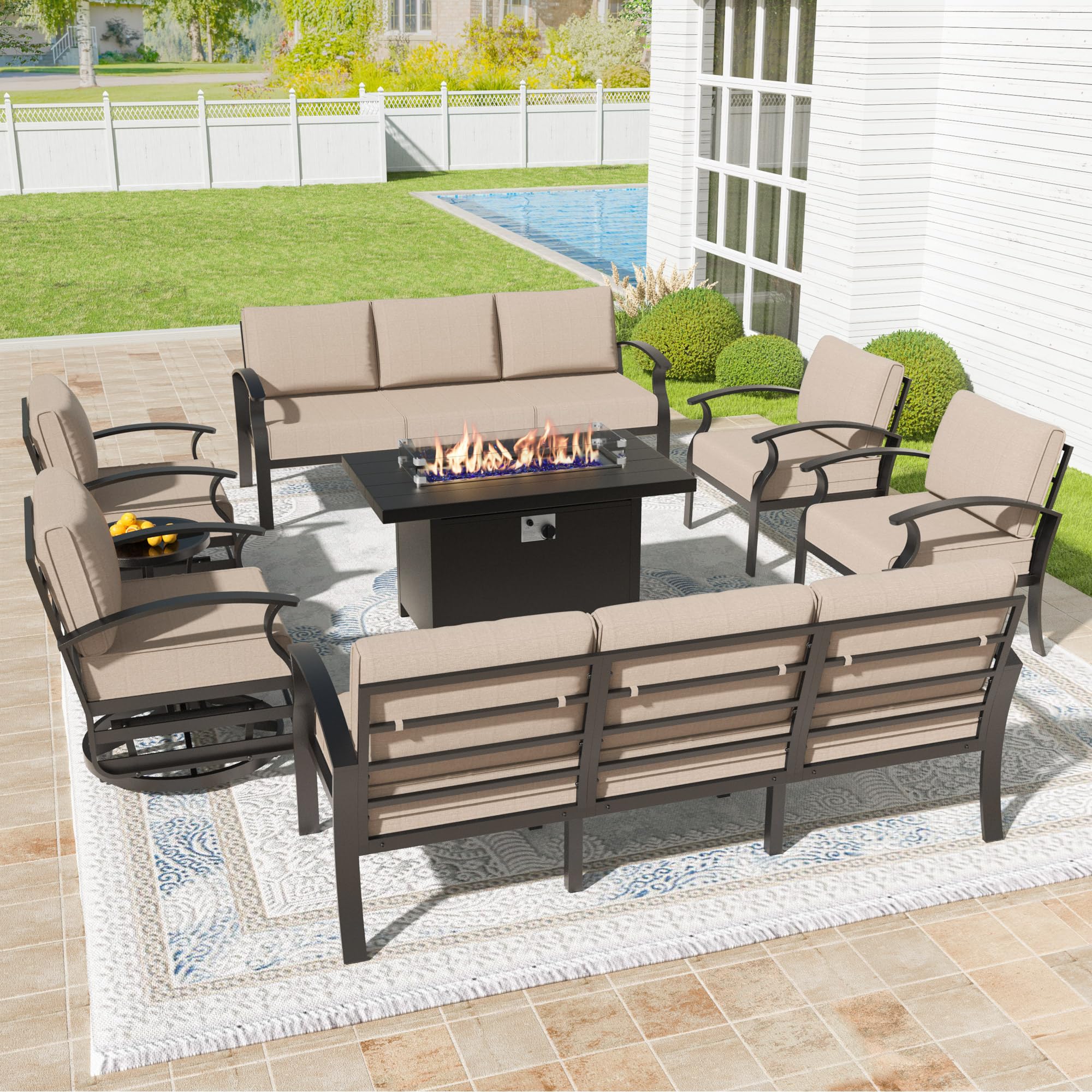 Kullavik Aluminum Patio Furniture Set,8 Pieces 10 Seat Metal Outdoor Furniture Conversation Set w/45 Propane Gas Fire Pit&Swivels,Sand