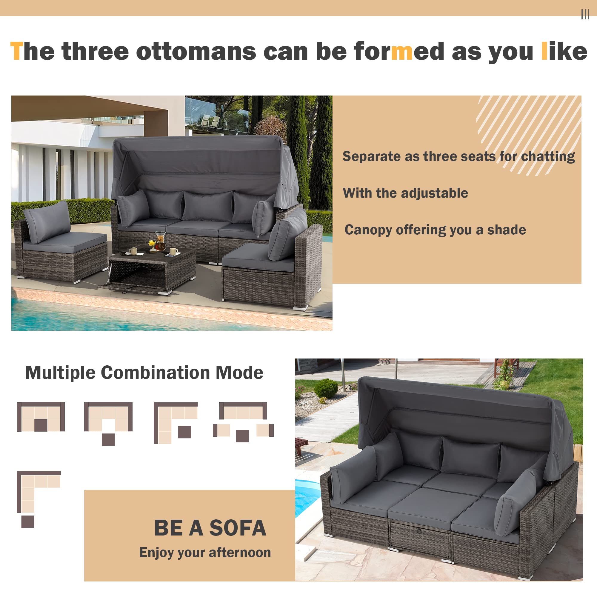 HOMREST 6 Pieces Patio Furniture Sets, Rattan Daybed with Retractable Canopy, Outdoor Sectional Sofa Set with Adjustable Backrest, Chaise Chair Sunbed for Garden Poolside Backyard(Grey)