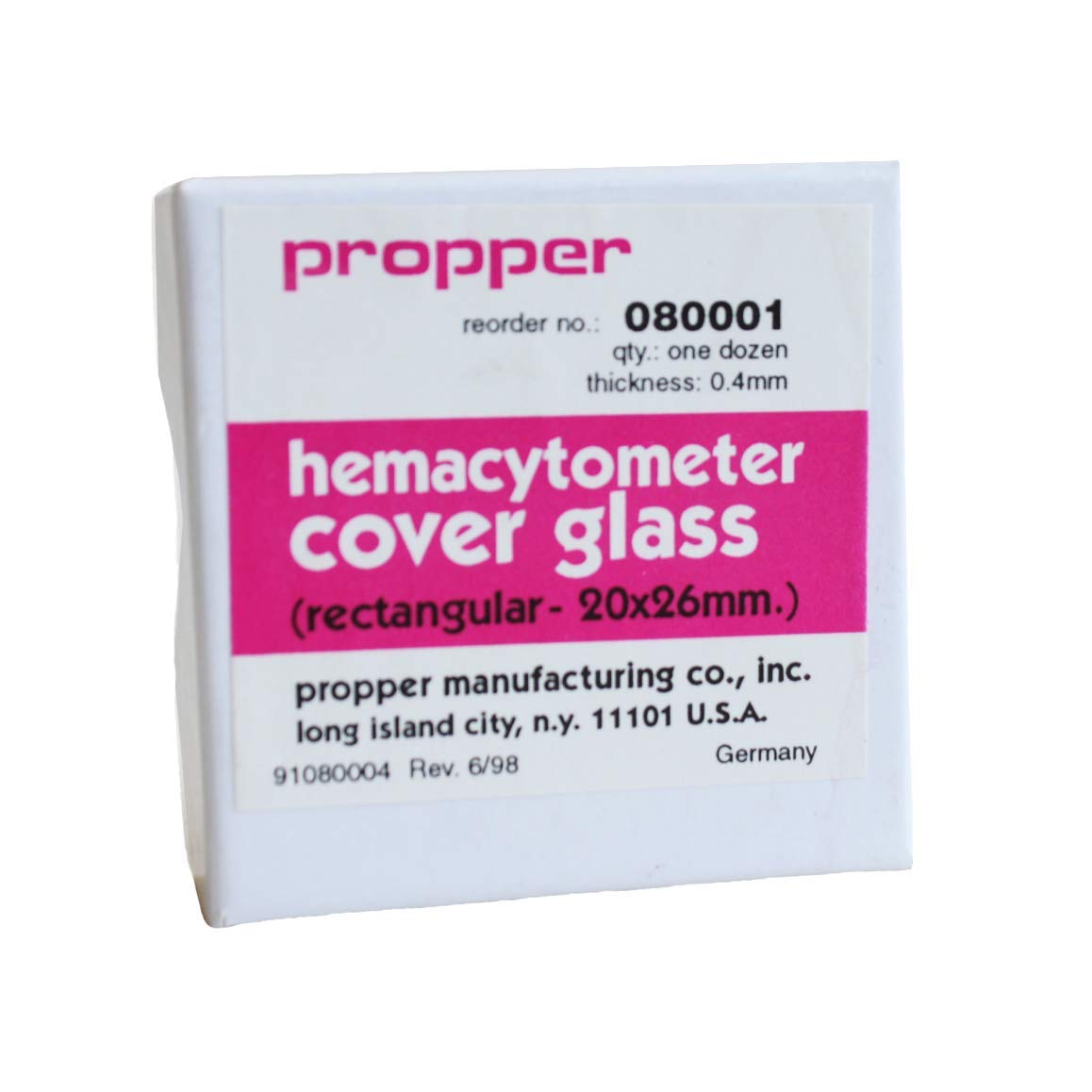 Propper Manufacturing 08000100 Hemocytometer Cover Glass, Rect. 20 mm x 26 mm, 0.4 mm (Pack of 12)