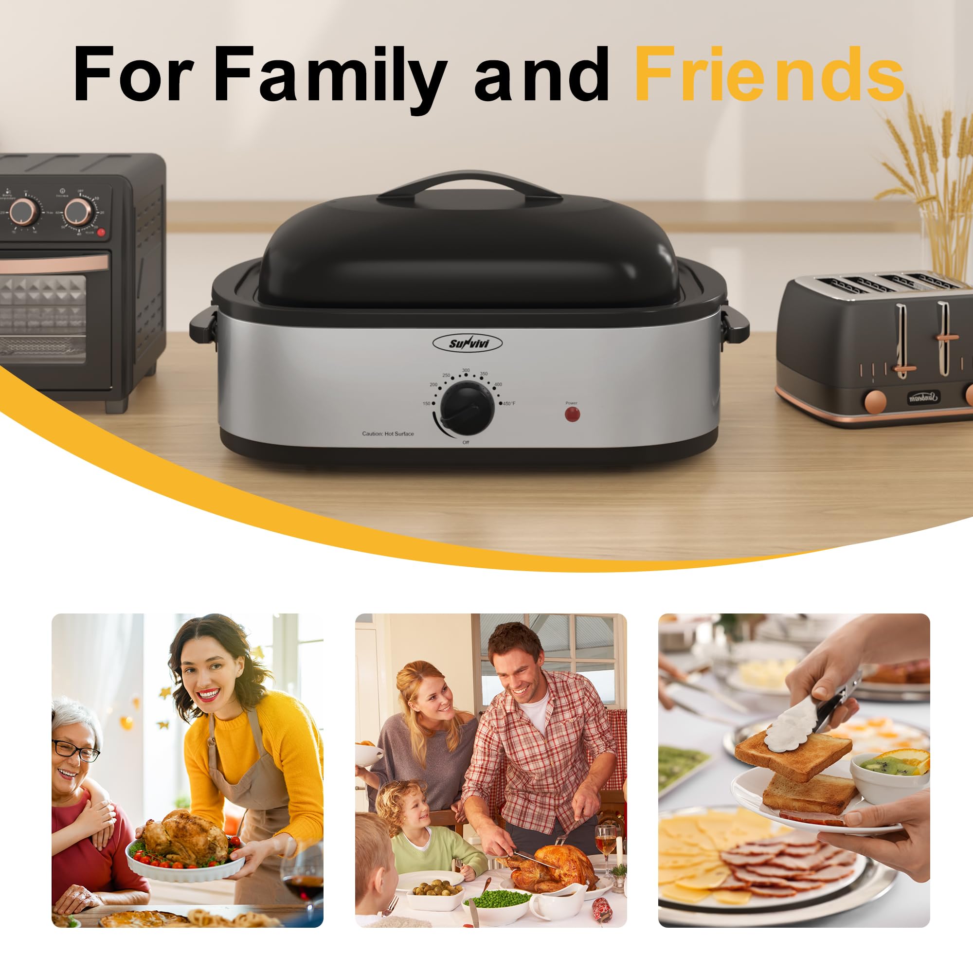 Sunvivi 14-Quart Roaster Oven with Self-Basting Lid, Electric Turkey Roaster Oven with Removable Pan and Rack, Stainless Steel, Silver