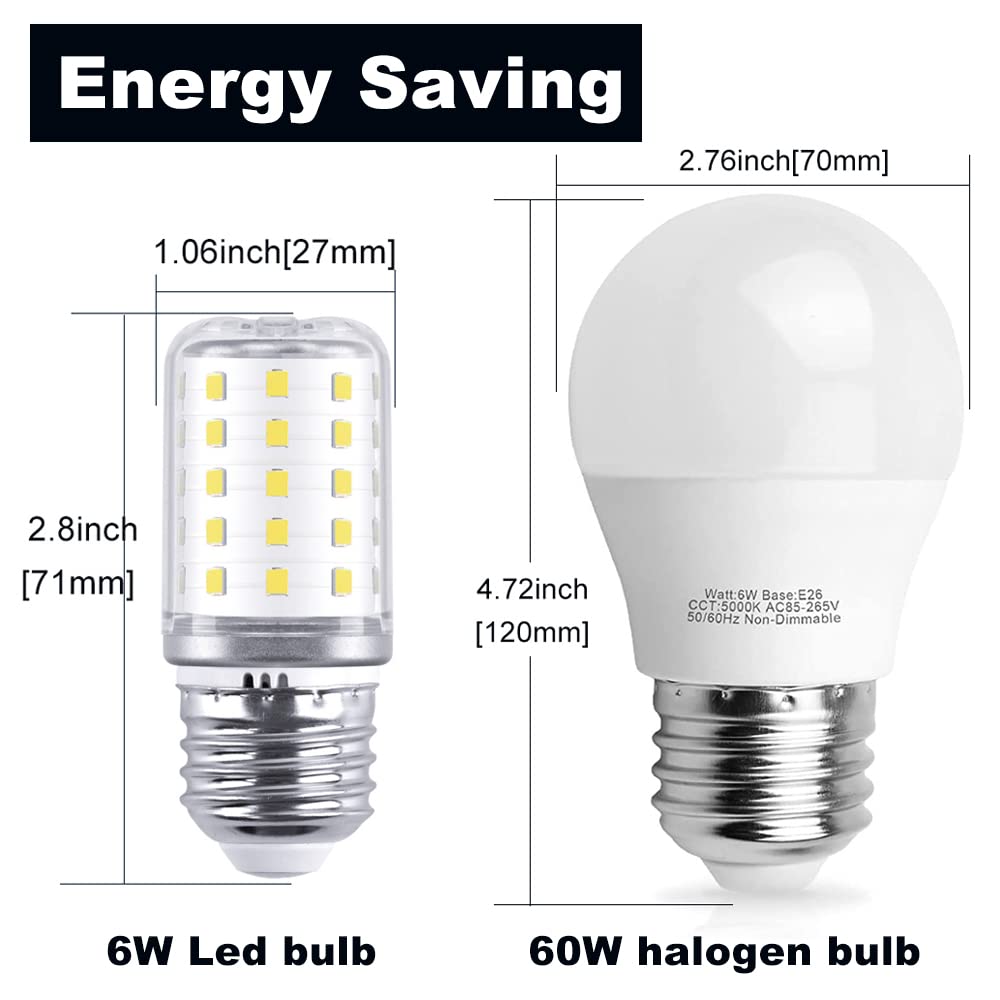 ZSCBBKJ Led Refrigerator Light Bulb Replacement 40W 60W E26 Base Appliance Light Bulb, 6W Daylight White 5000K Medium Base Fridge Light Bulbs, Non-Dimmable Freezer Home Lighting Lamp 2 Pack