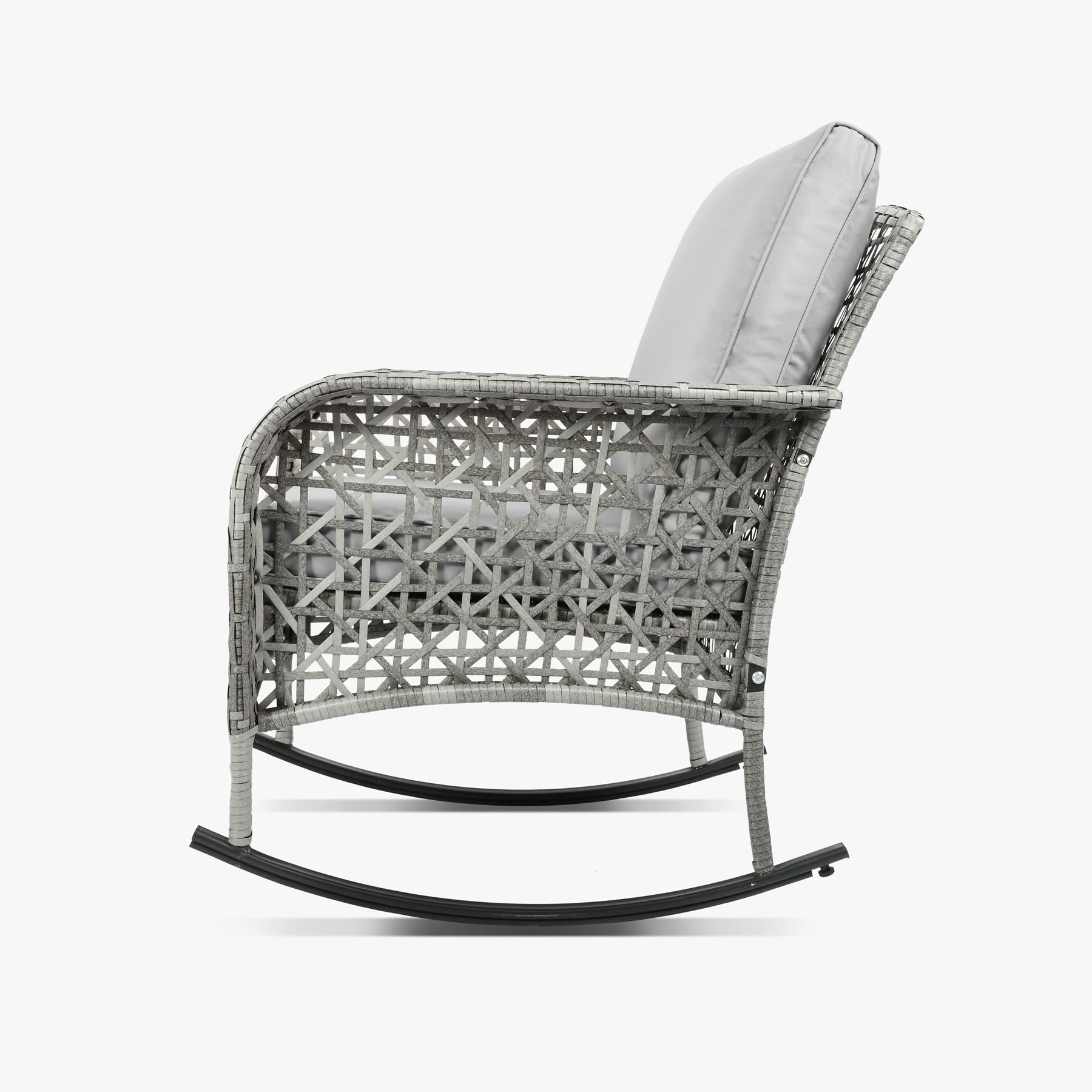 CIRMUBUY 3-Piece Outdoor Furniture Set, Patio Conversation Chair, Wicker Cushioned Patio Rocker with Side Table for Porch, Garden, Poolside & Deck, Light Grey