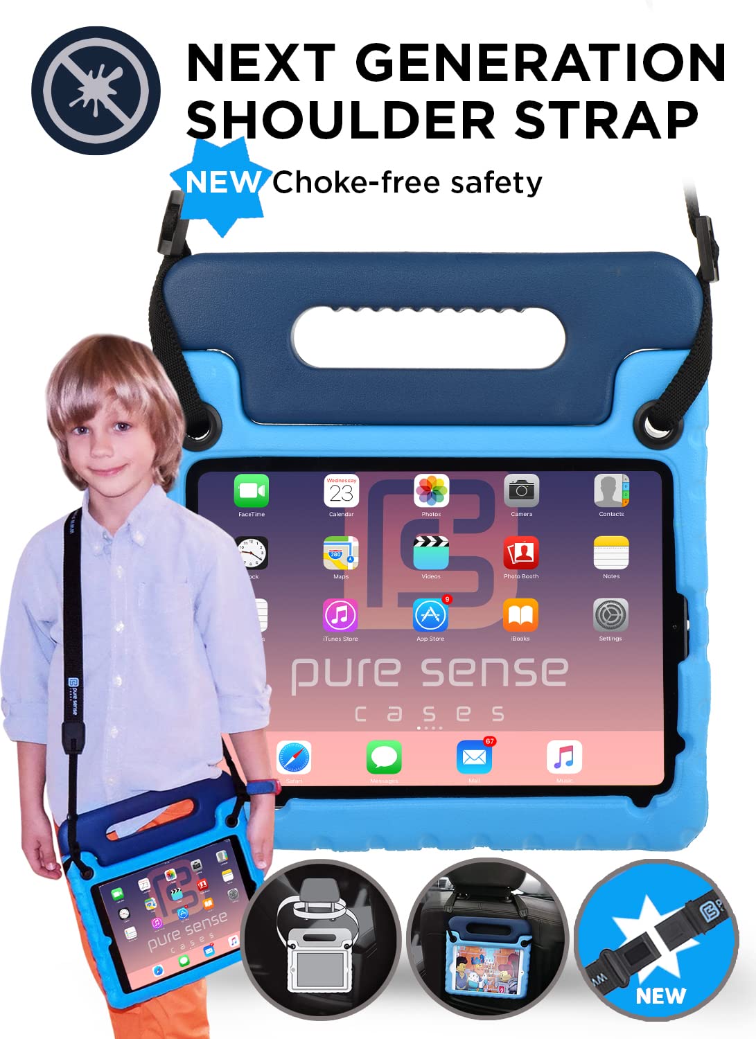 Pure Sense Buddy Antimicrobial Kids Case for iPad Pro 12.9-1st 2nd Gen 2015 2017 | Full Kit: Rugged Case Stand, Handle, Screen Protector, Strap and Spray