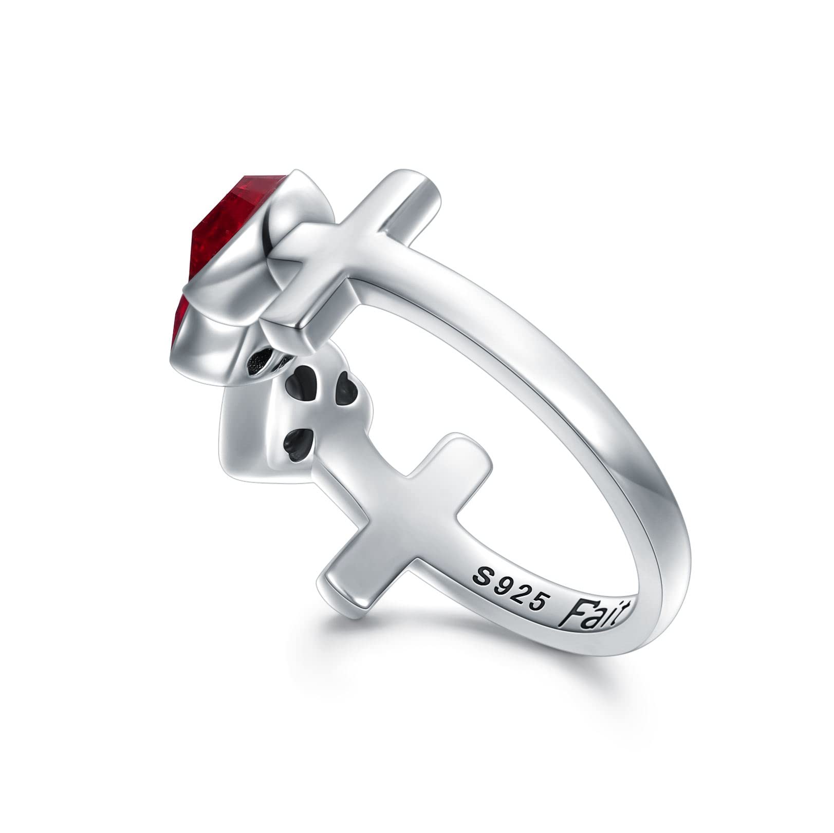 AOBOCO Cross Ring Sterling Silver Faith Hope Love Heart Sideway Cross Ring for Women, Made with Simulated Ruby Red Heart Austrian Crystals, Size 9