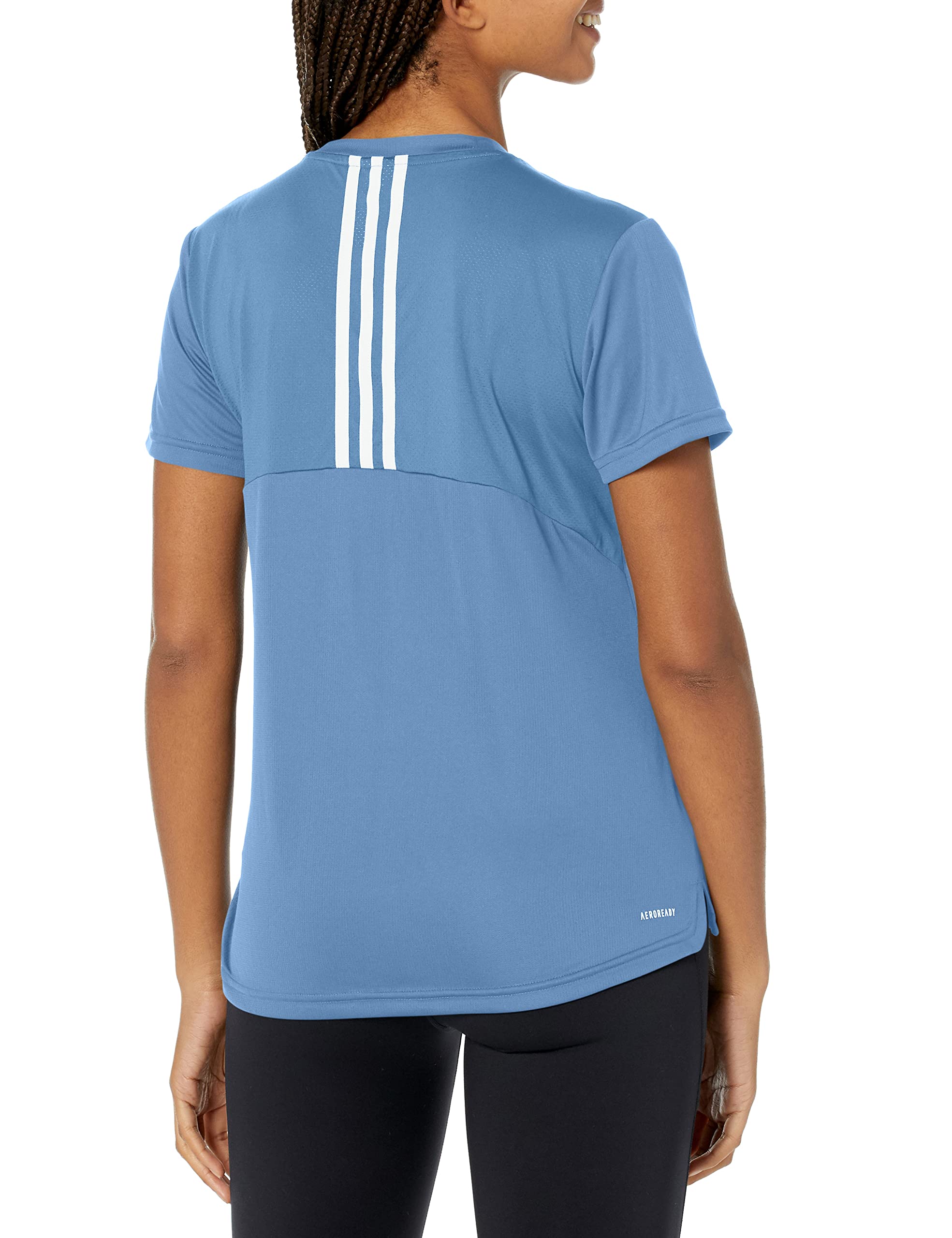 adidas Women's AEROREADY Designed 2 Move 3-Stripes Sport Tee, Altered Blue/White, X-Large