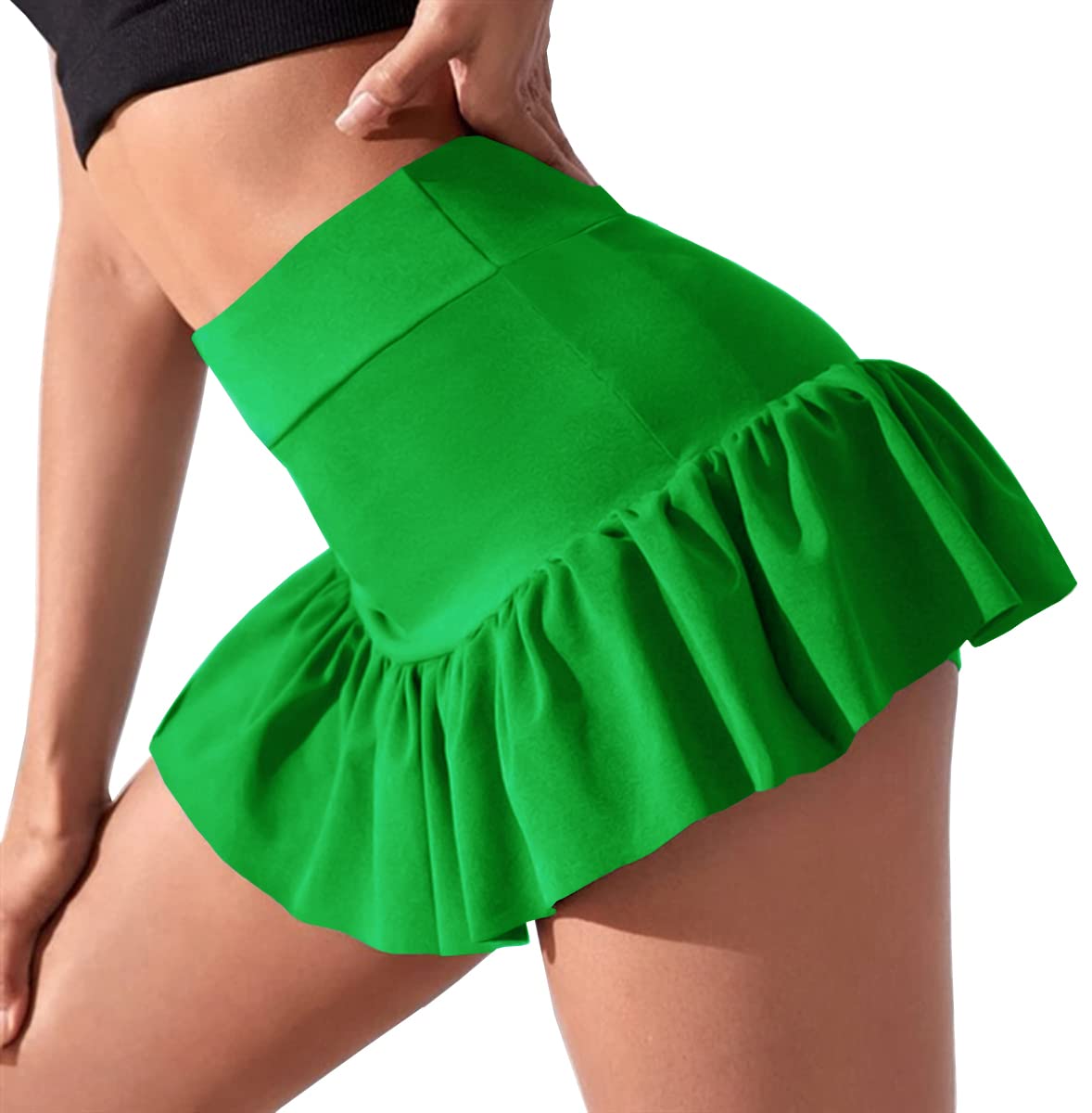 Afibi Women Stretchy Flared Ruffle Layered Mini Tennis Skater Skirts with Short (Small, Green)