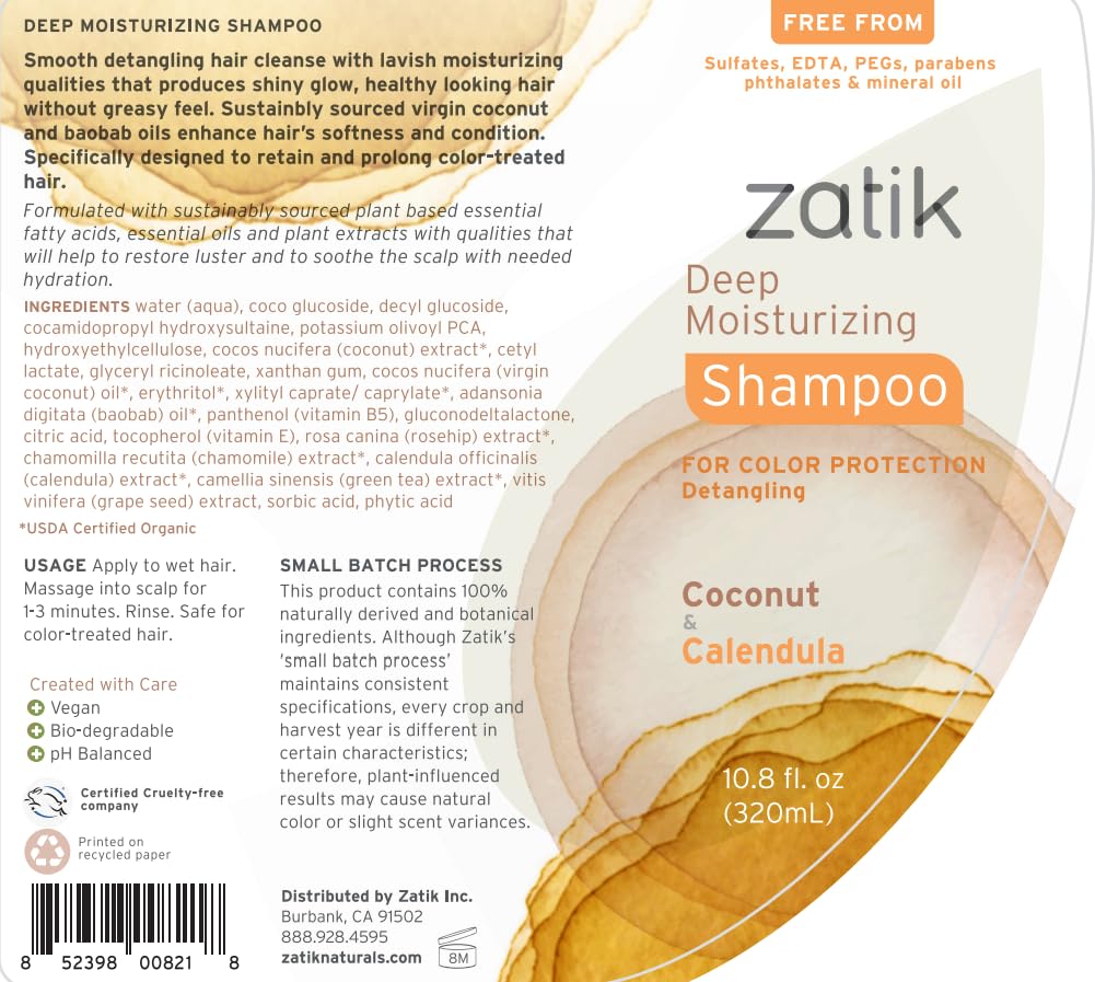 Zatik Naturals - Deep Moisturizing Shampoo with Coconut & Calendula - Vegan Bio-degradable pH balanced, for Colored and Dry Hair, Free From Sulfates, phthalates & Synthetic Fragrances - 10.8 Fl Oz