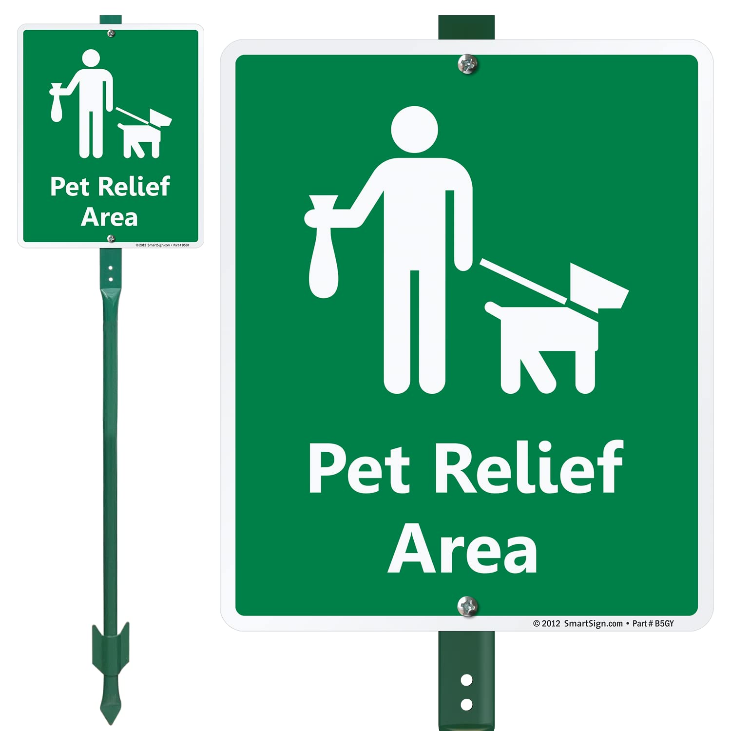 SmartSign 12 x 10 inch “Pet Relief Area” LawnBoss Yard Sign with 3 foot Stake, 40 mil Laminated Rustproof Aluminum, White and Green, Set of 1, Made in USA