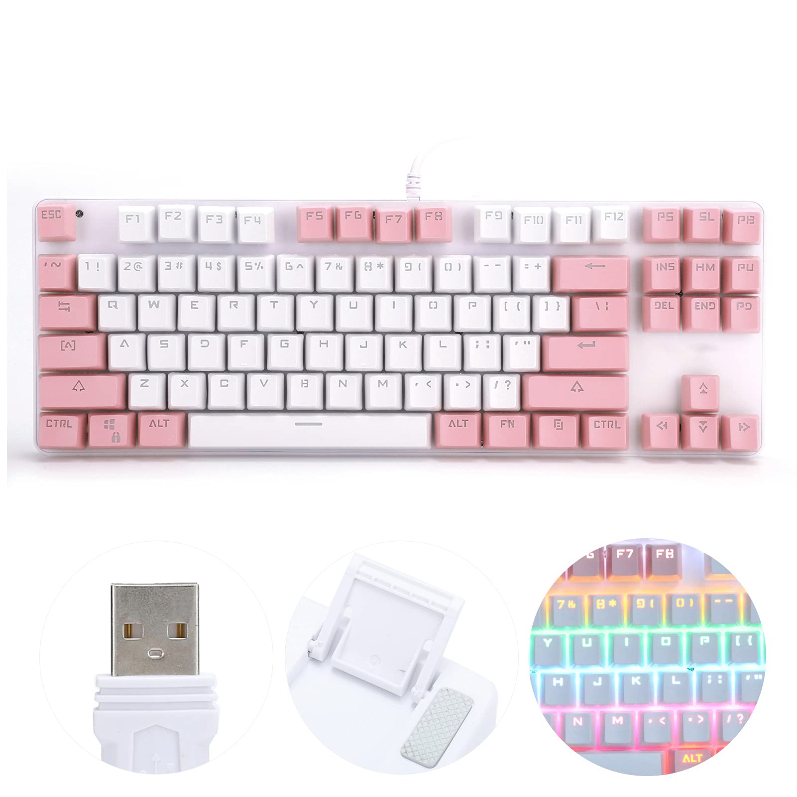 ASHATA Mechanical Keyboard 87 Keys, Cute USB Gaming Keyboard, Small Backlight Keyboard, Blue Switch Mixed Light Mechanical Keyboard for PC Laptop Desktop (Pink White)
