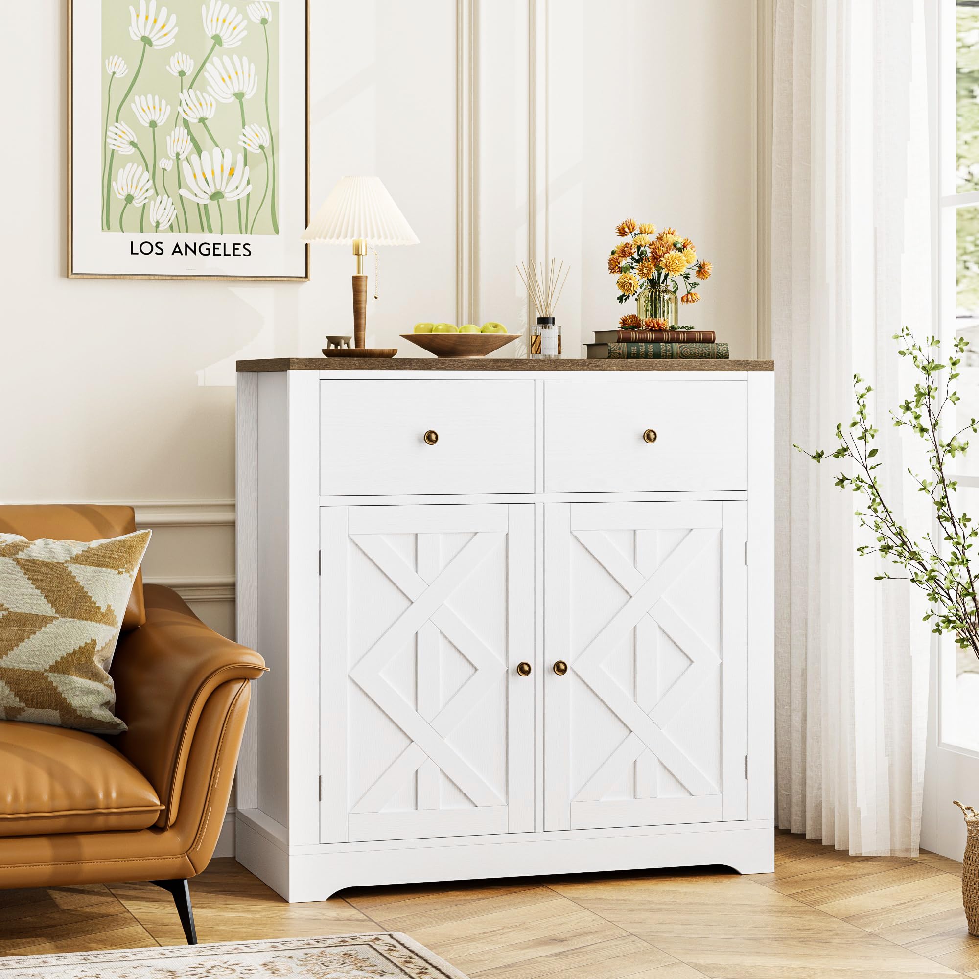 FOTOSOK Kitchen Sideboard Buffet Cabinet, 34'' H Farmhouse Kitchen Storage Cabinet with Drawers and Adjustable Shelves, Modern Coffee Bar Cabinet for Kitchen, Dining Room, Bathroom, Entryway, White