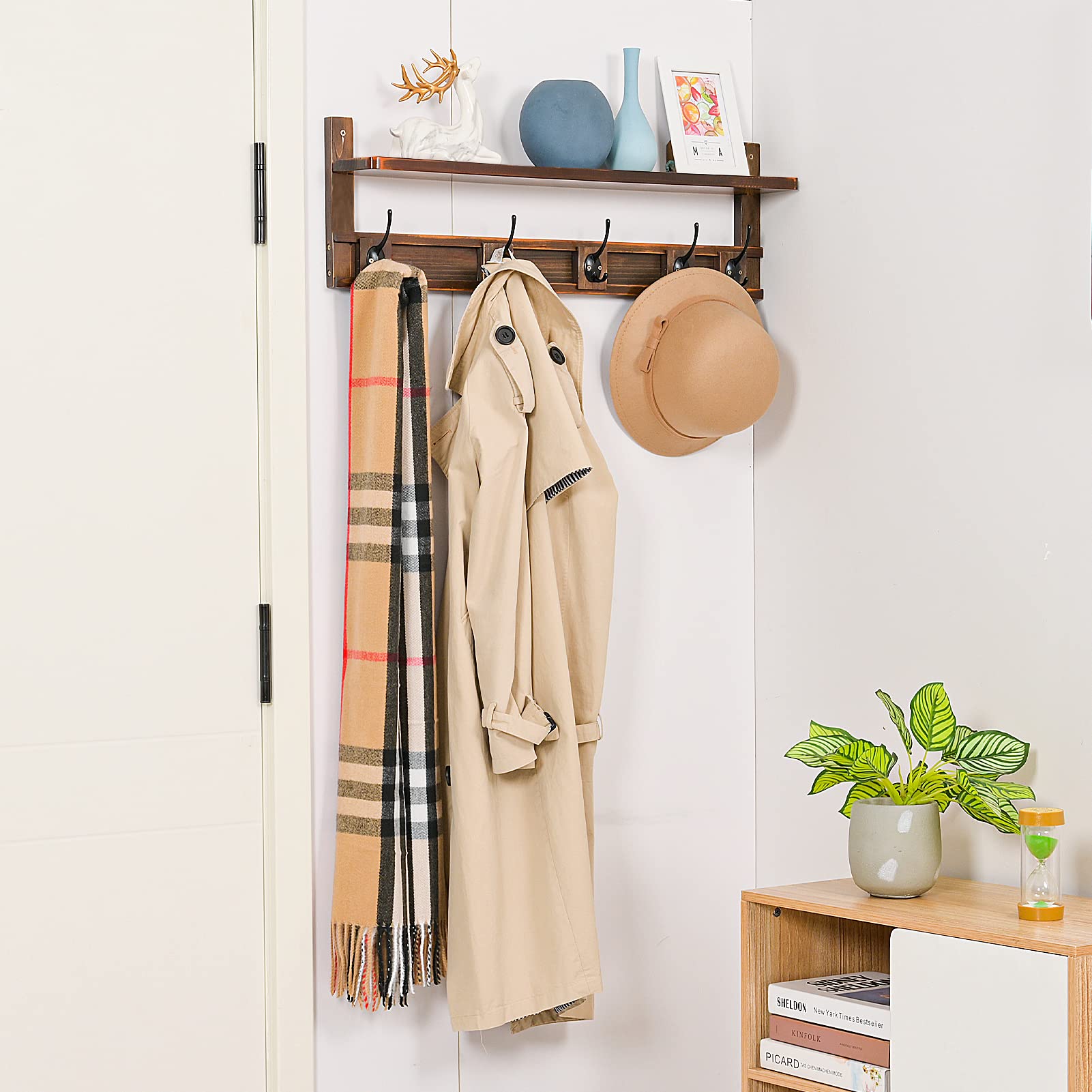 Popin Lover Coat Rack Wall Mount with Shelf, 28.9 Inches Coat Hooks Wall Mounted with 5 Hooks, Hat Wall Hooks for Hanging in Entryway, Living Room, Bathroom, Bedroom