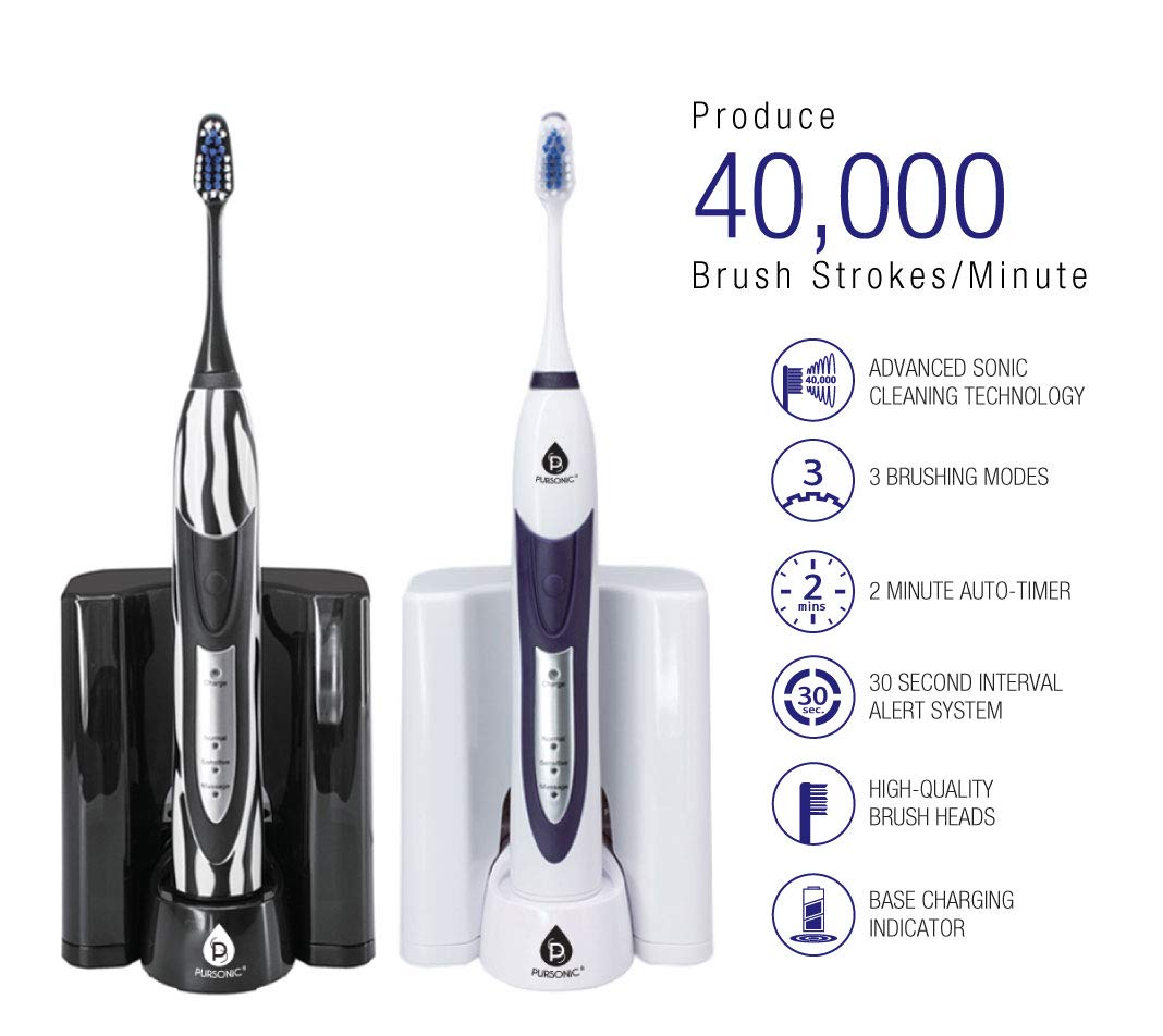 PURSONIC S520 Black Ultra High Powered Sonic Electric Toothbrush with Dock Charger, 12 Brush Heads & More! (Value Pack)