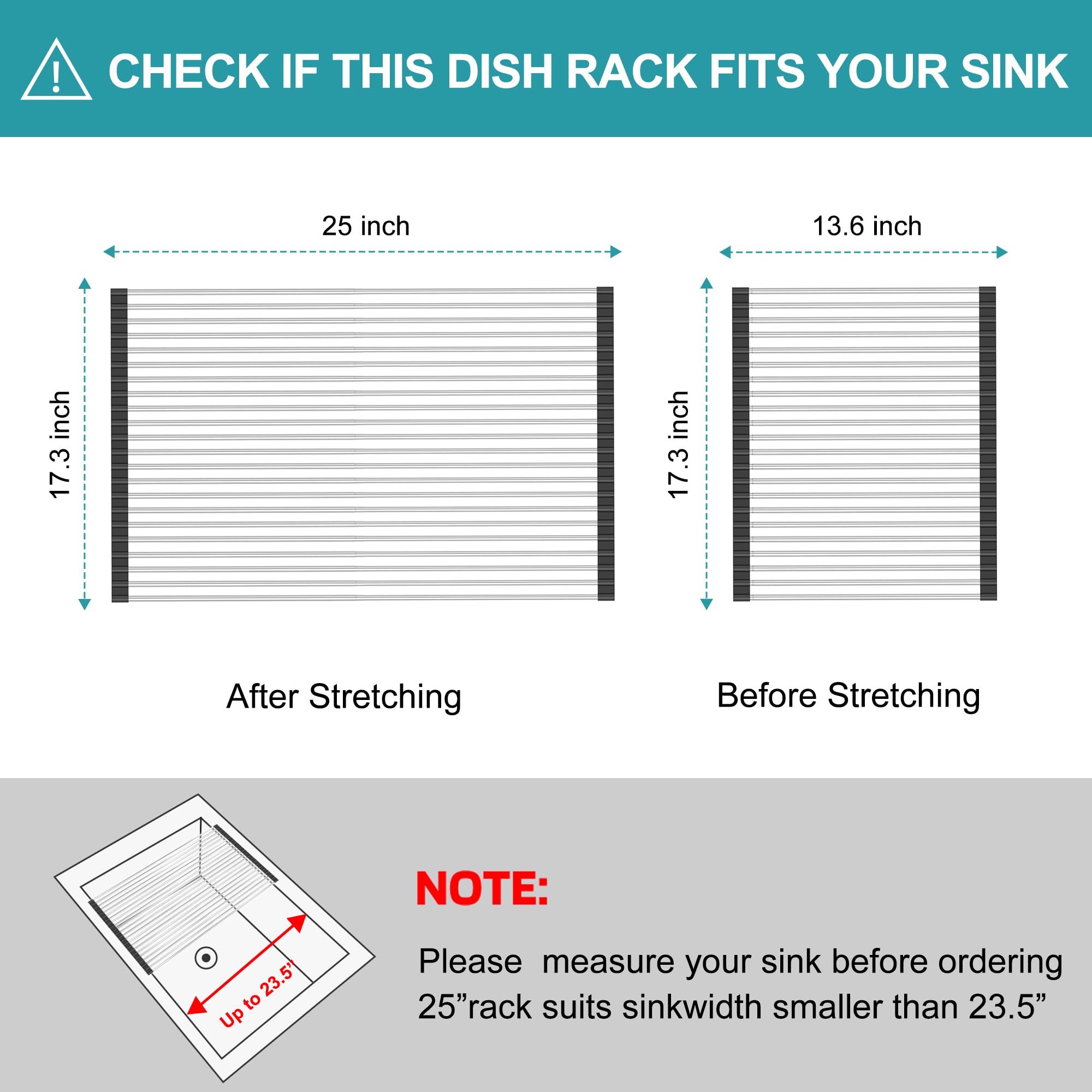 BBXTYLY Extra Large Expandable Roll Up Dish Drying Rack,Over The Sink Drying Rack Sink Cover Kitchen Sink Accessories Kitchen Rolling up Stainless Steel Drainer, Foldable,Rollable(Black,25.1''-17.3'')