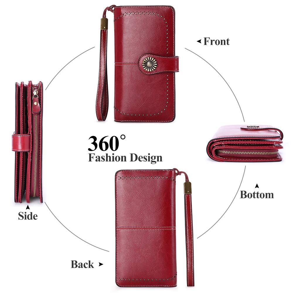 SENDEFN Genuine Leather Wallet for Women Clutch with Strap 24 Card Slots 2 ID Windows Cash Compartments 1 Zipper Pocket Credit Card Holder RFID Blocking Gift Box Included (Red-1)