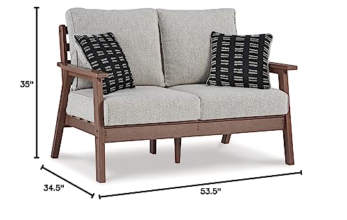 Signature Design by Ashley Emmeline Classic Outdoor HDPE Wood Look Framed Cushioned Loveseat, Beige & Gray