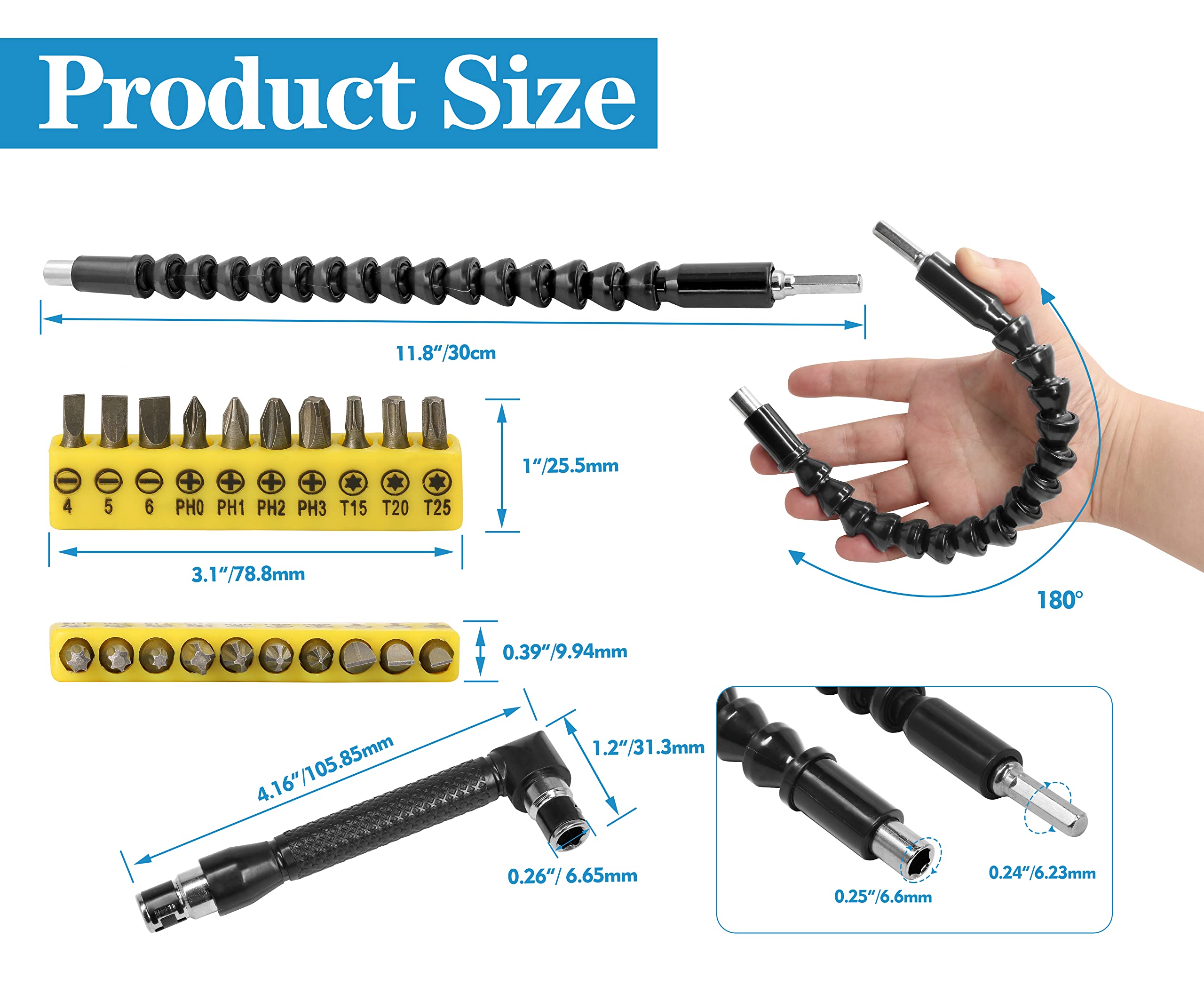 Jamiikury 90 Degree Right Angle Driver, 11.6 Inch Bendable & Flexible Screwdriver Extension Soft Shaft and 10pcs Screwdriver Bit Set, Power Screwdriver Drill Extension Kits - Pack of 12