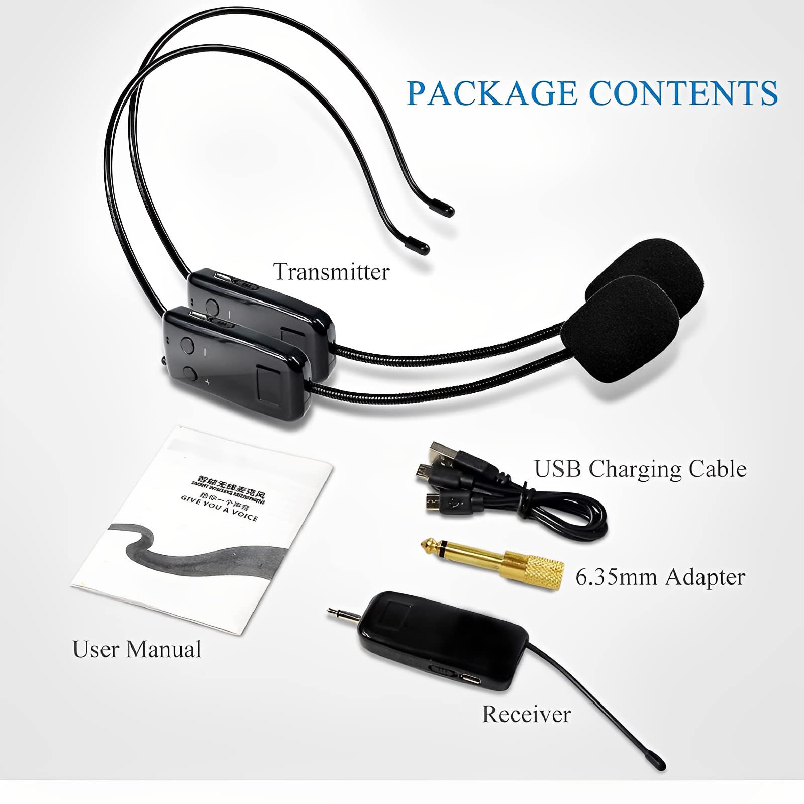 HUACAM 2.4G Wireless Microphone System for Two People, 165 ft Long Range, Stable Transmission, Portable Headset Microphone for Voice Amplifier, PA System, Teacher, Fitness Instructor, Outdoor