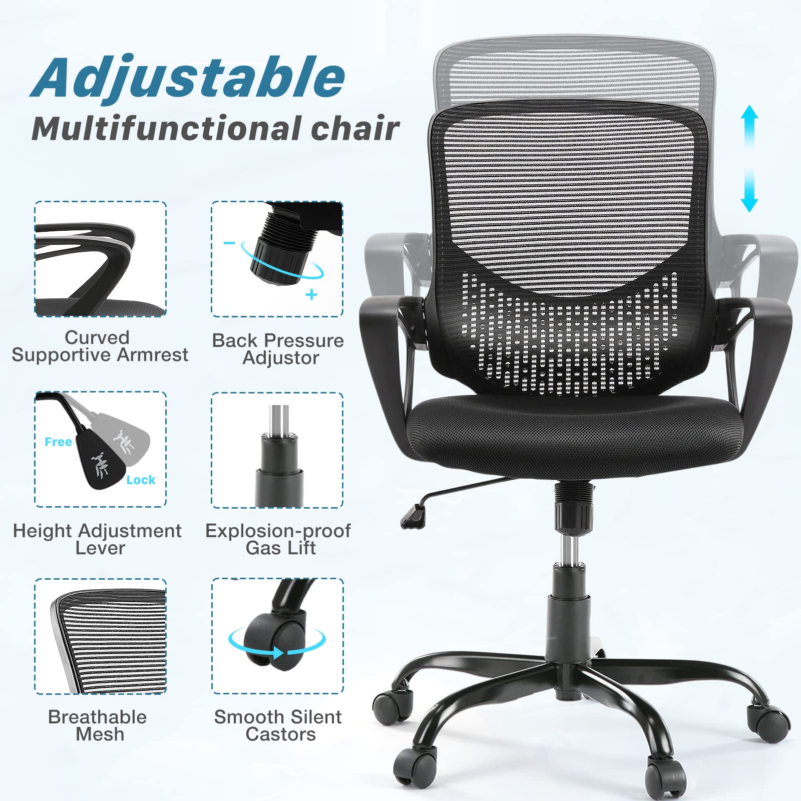 AFO Home Office Chair Mid Ergonomic Lumbar Support and Armrests, Adjustable Height, Breathable Mesh Back, 360 Degree Swirl, Rocking Mode, Black