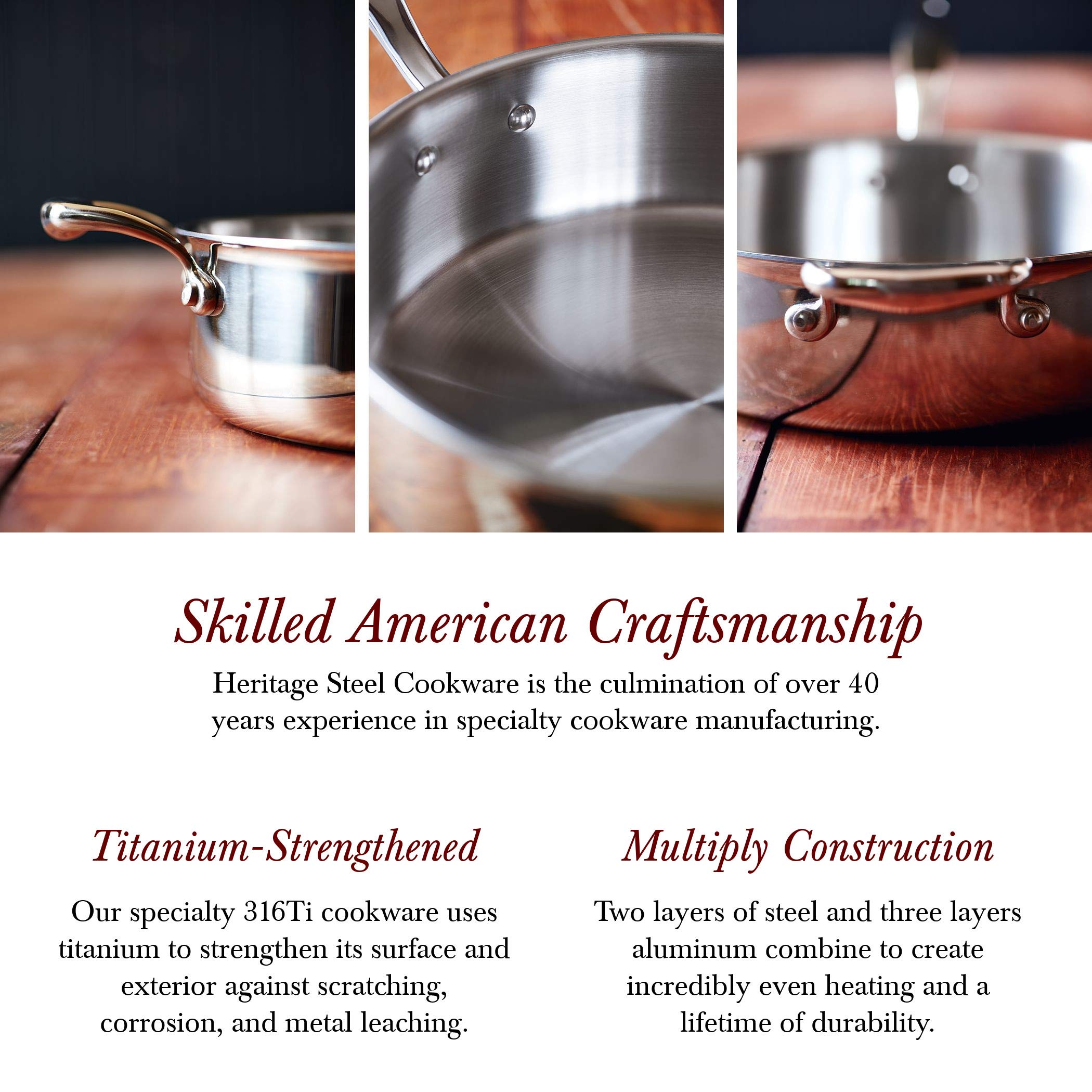 Heritage Steel 5 Piece Essentials Cookware Set | Made in USA | Titanium Series 316Ti Stainless Steel with 5-Ply Construction | Induction-Ready and Fully Clad