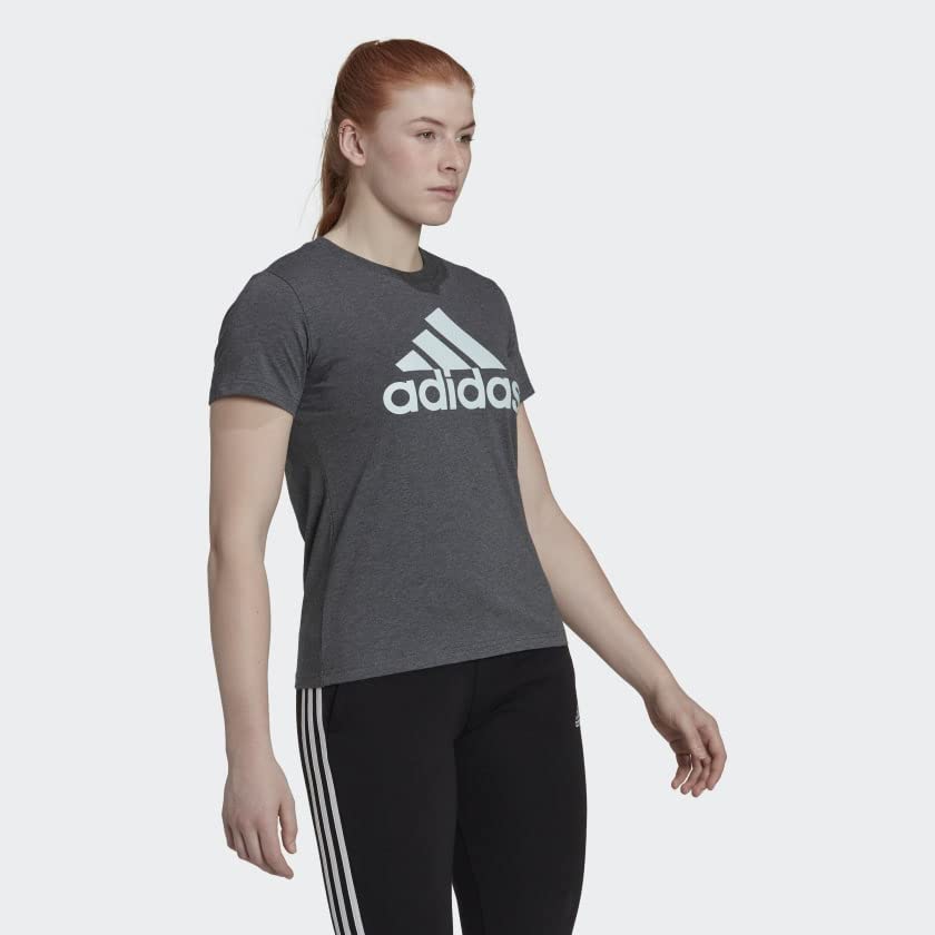 adidas Women's Standard Loungewear Essentials Logo Tee, Dark Grey Heather/Almost Blue, Large