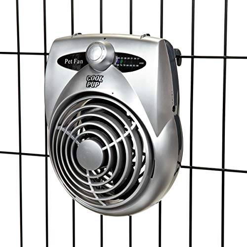 Cool Pup Crate Fan, 8x6.25x2.5β in Size β Quiet Battery Fan Keeps Dogs & Cats Cool with Built-in Thermometer, Silver