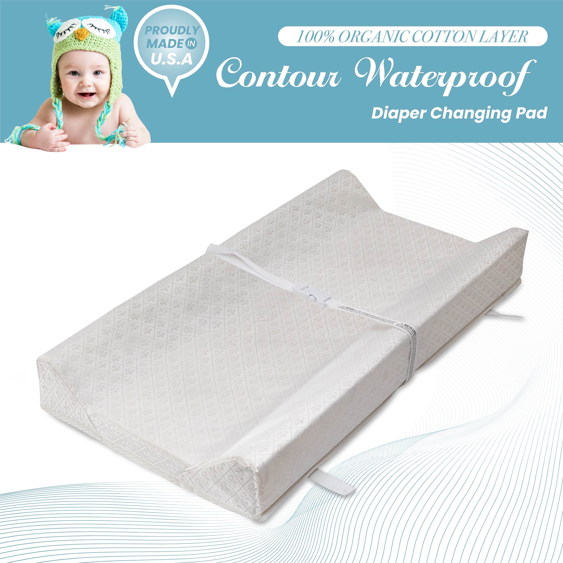 LA Baby Contoured Waterproof Diaper Changing Pad, 32" with 100% Organic Cotton Layer - Made in USA. Non-Skid Bottom, Safety Strap, Fits All Standard Changing Tables/Dresser Tops