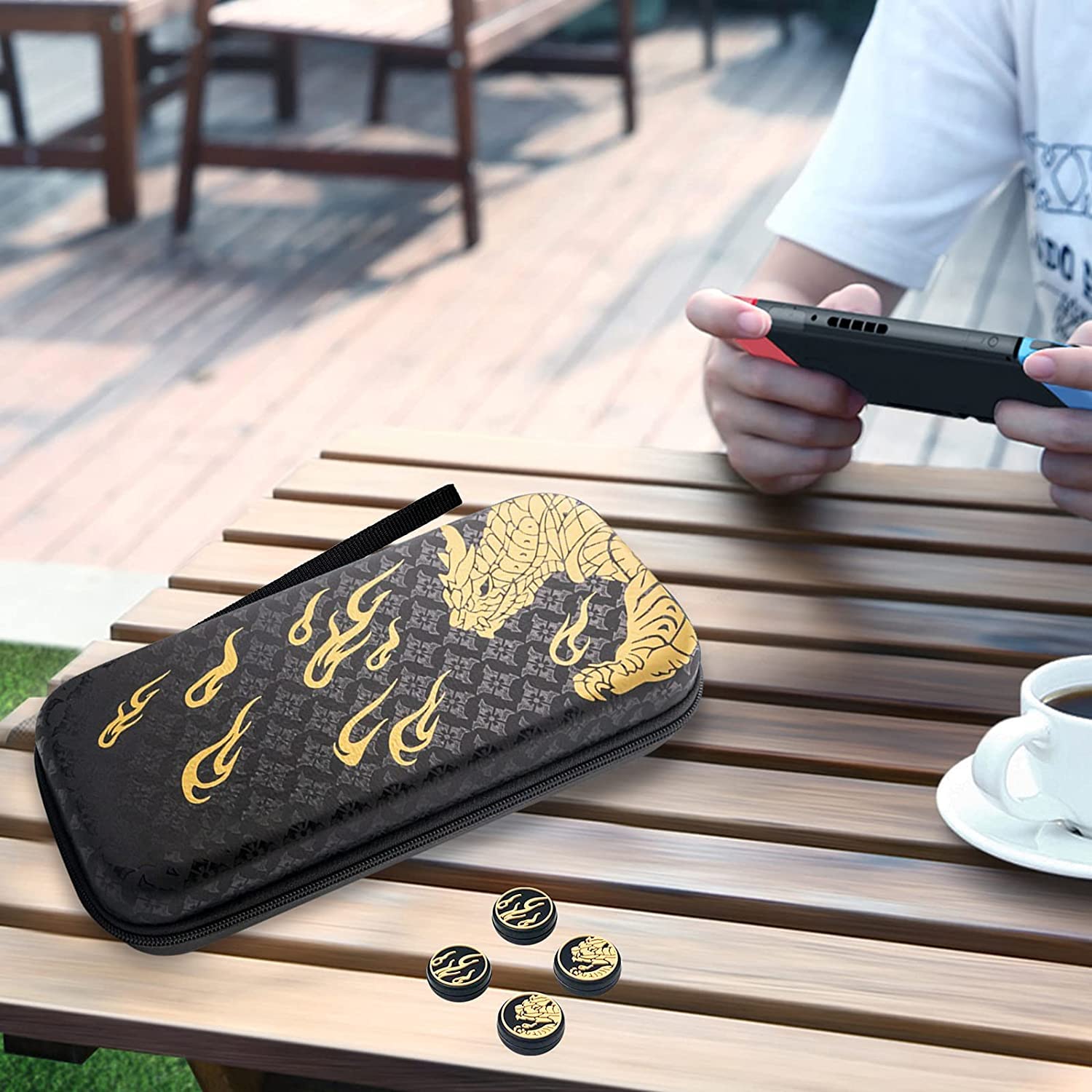 Frusde for Switch Carry Case Monster Hunter Rise, Portable Carrying Case for Switch with 4 MHR Silicone Thumb Grip Caps, Travel Case Cover with 10 Playing Card Slots for Switch Console & Accessories