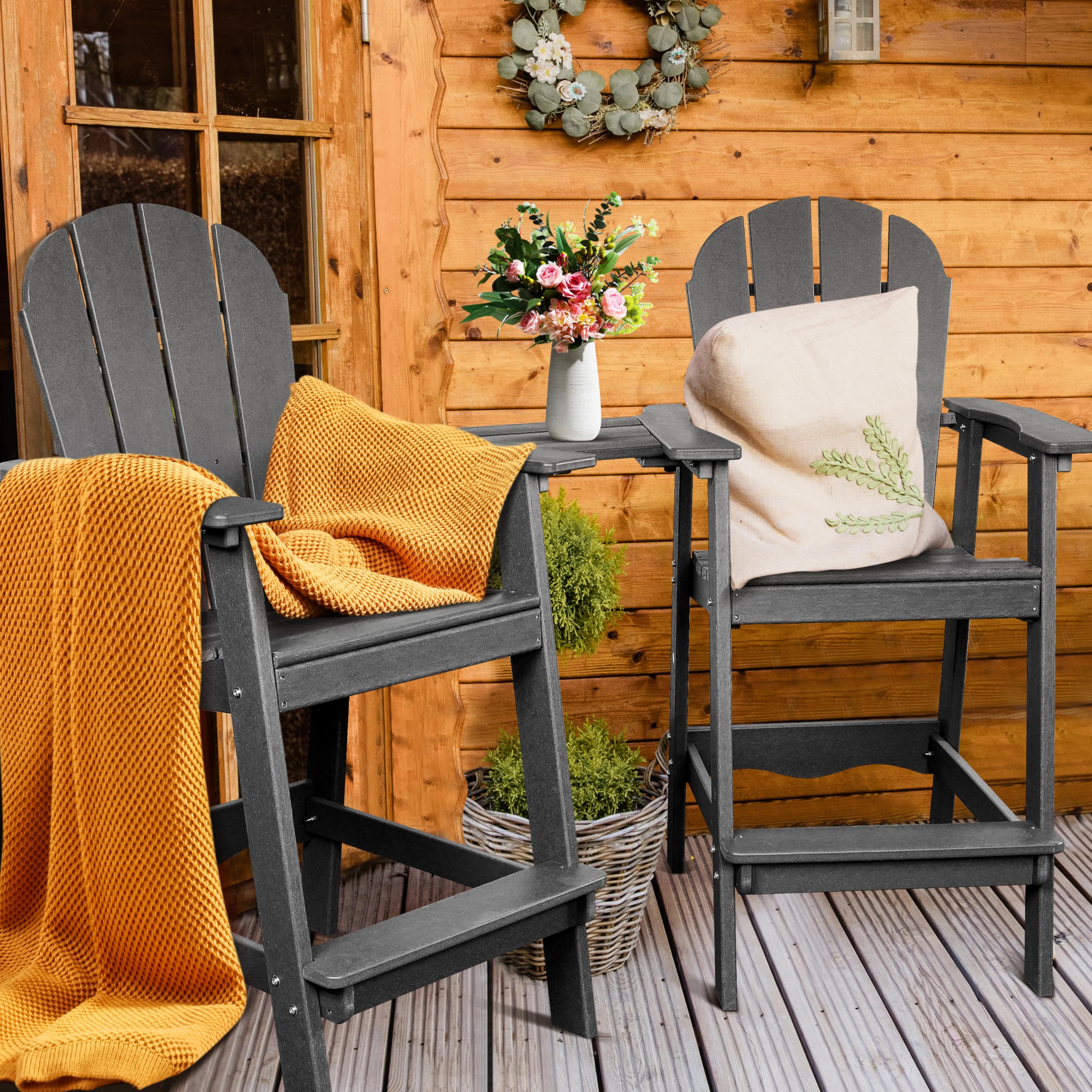 FRUITEAM High-Adirondack-Chairs Set of 2 with Connecting Tray, Outdoor Weather-Resistant Deck Chairs, Low-Maintenance Poly Balcony Chairs Set, for Patio, Poolside, Garden